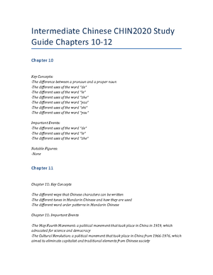 Intermediate Chinese CHIN2020 Study Guide Chapters 13-15 - Intermediate ...