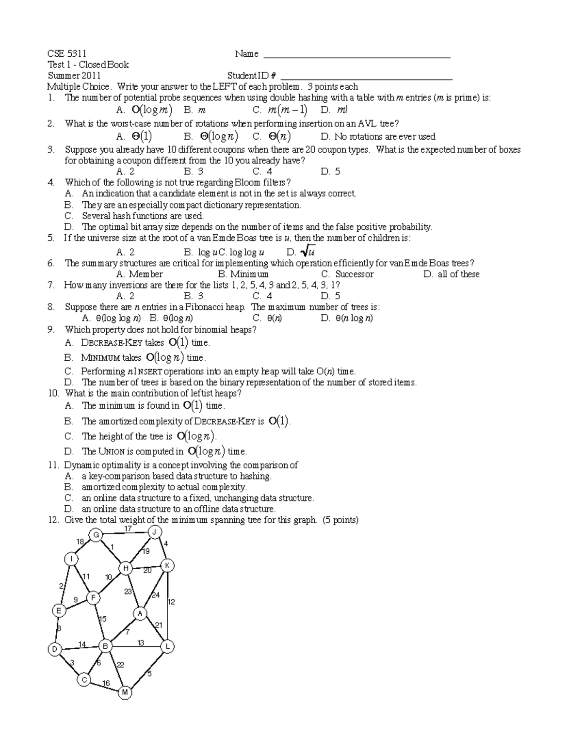 Sum11Z - cse 5311 notes - CSE 5311 Name ...