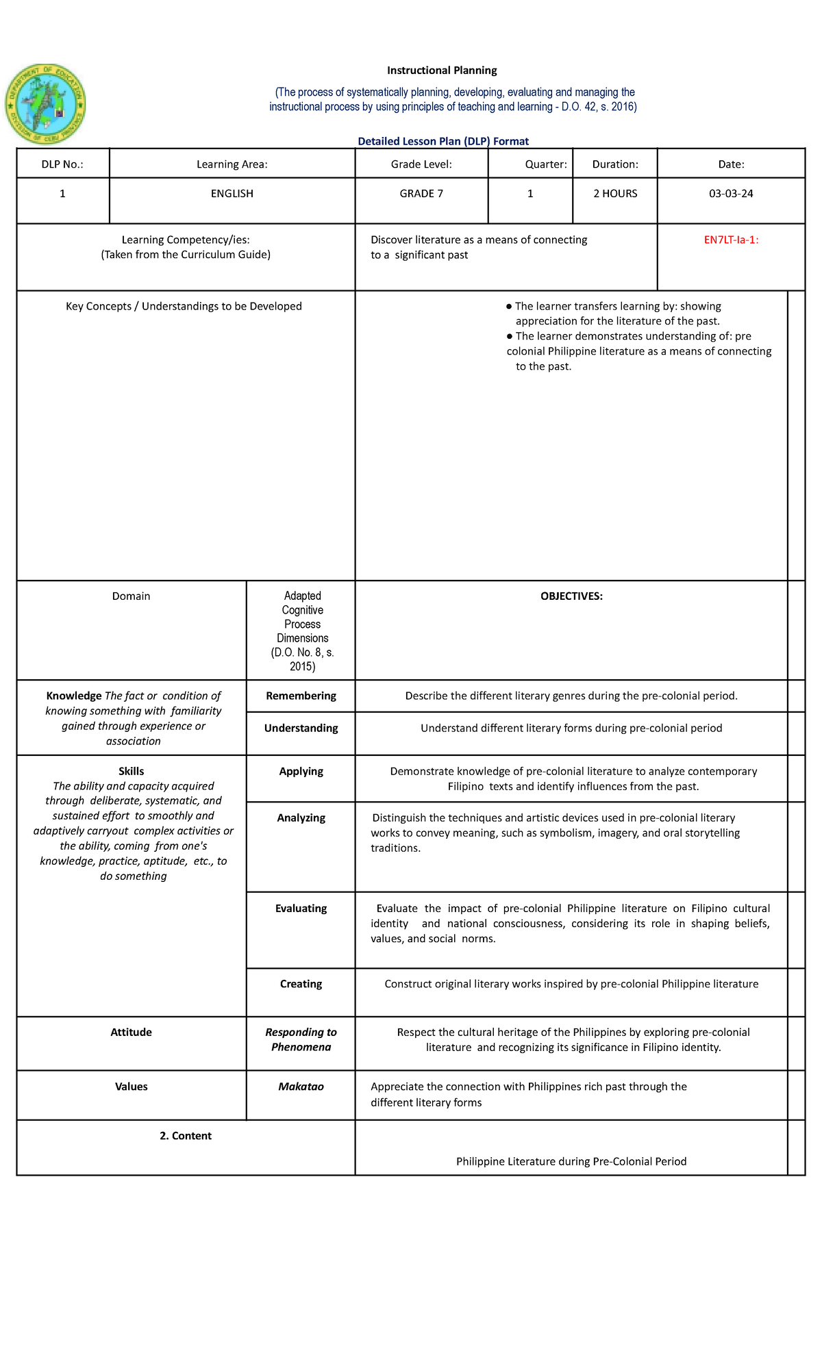Final DLP - Instructional Planning (The process of systematically ...