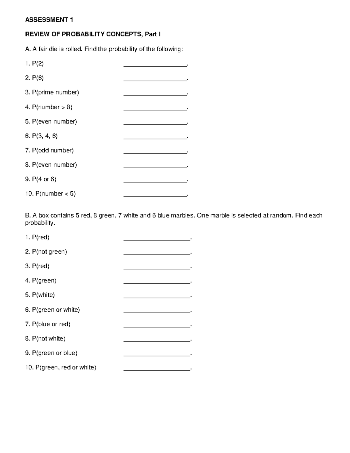 Assessment 1 probability review - ASSESSMENT 1 REVIEW OF PROBABILITY ...