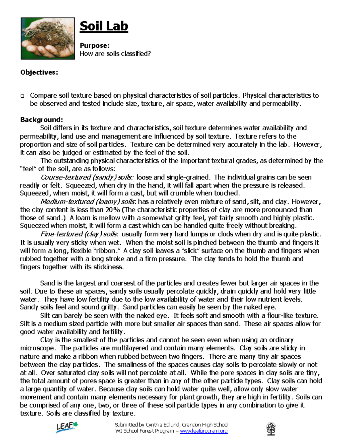 Soil Texture Lab edited - Submitted by Cynthia Edlund, Crandon High ...