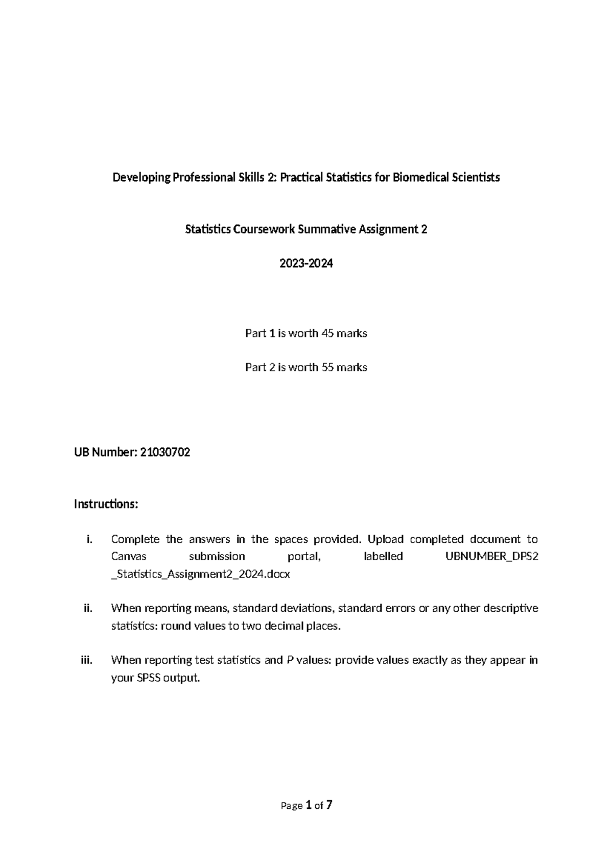 Statistics Long Assesment Sem2 - Developing Professional Skills 2 ...