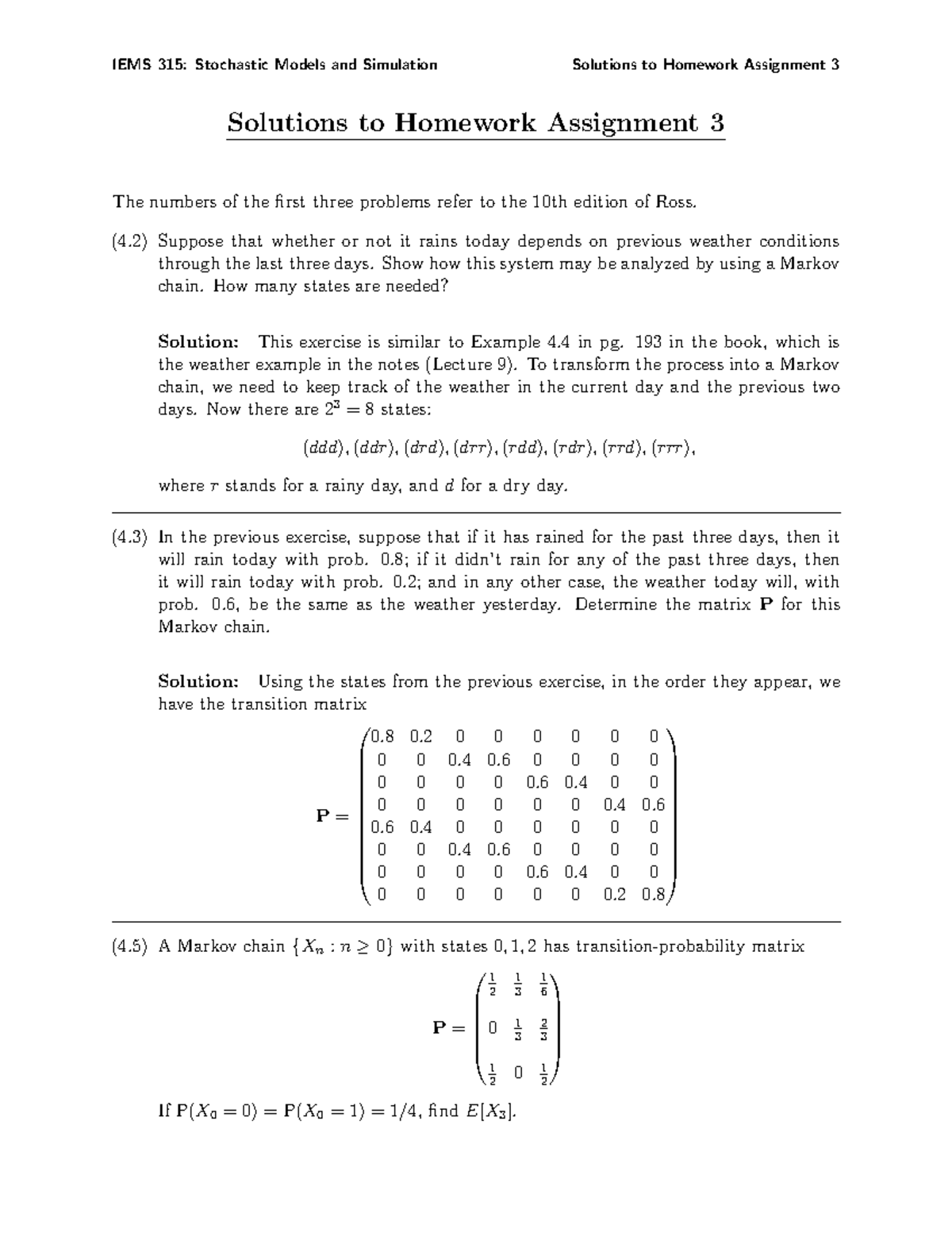 315-HW3 sol - fall 2015 homework 3 solutions - Stochastic Models And Simulation - IEMS 315 ...