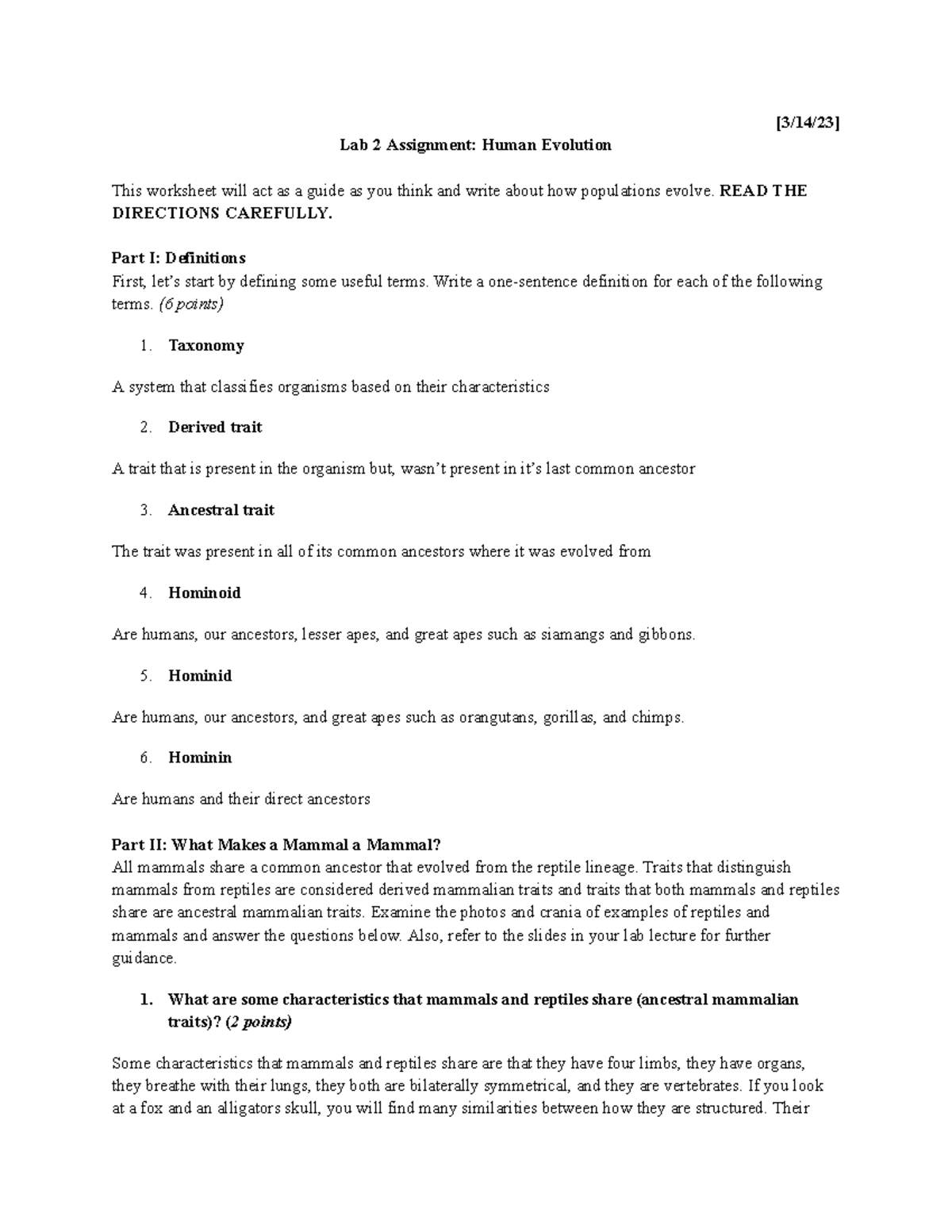 ANTHP 105-Lab 2 Assignment- Human Evolution - [3/14/23] Lab 2 ...