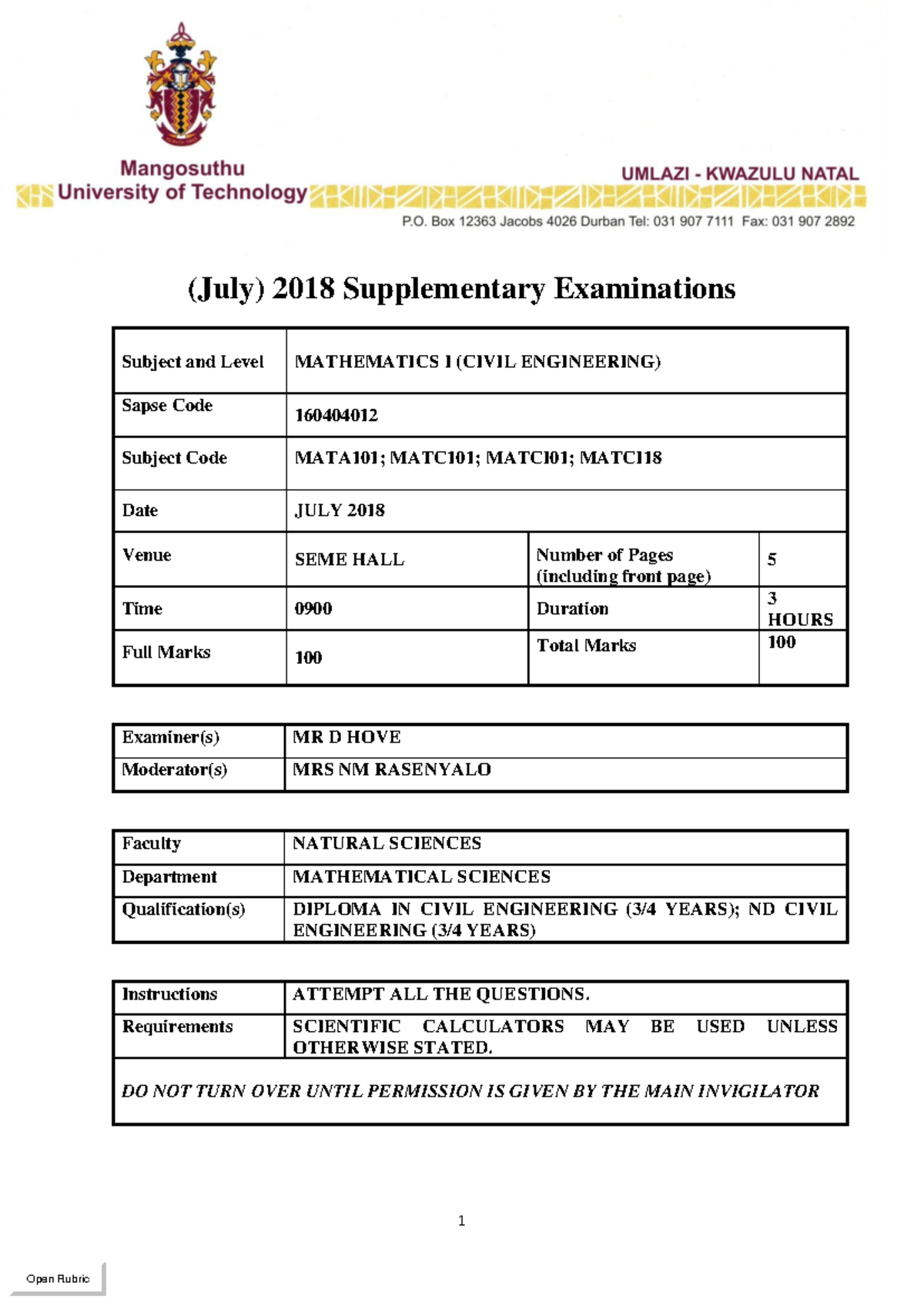 Supp Exam 2018 - Revising - (July) 2018 Supplementary Examinations ...