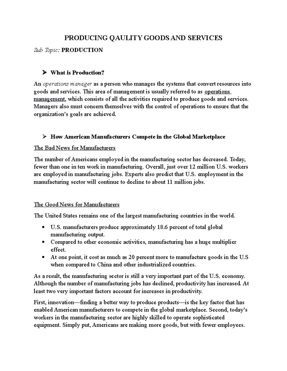 Chapter 8 Business Lecture Notes - PRODUCING QAULITY GOODS AND SERVICES ...