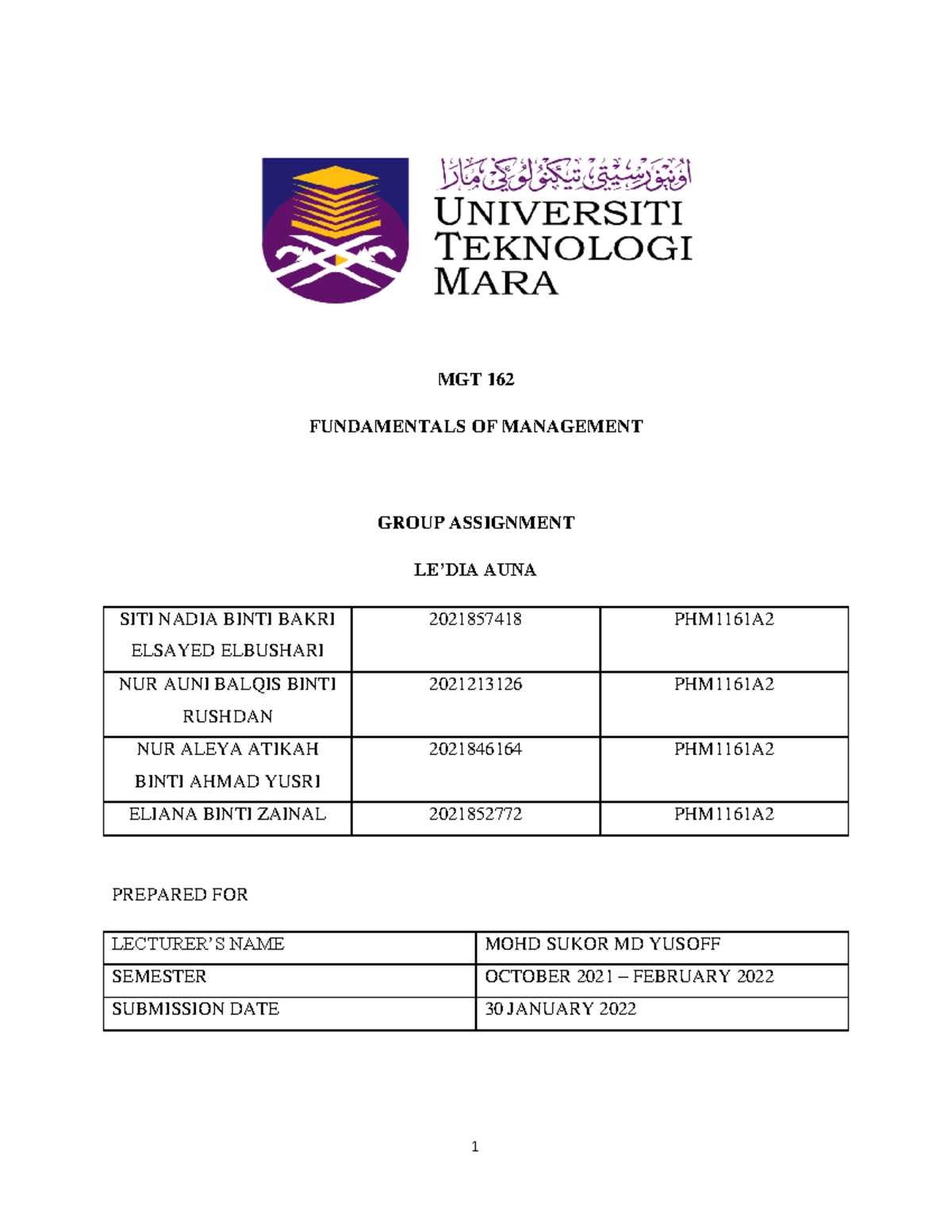 Final Report MGT 162 - fact - MGT 162 FUNDAMENTALS OF MANAGEMENT GROUP ...