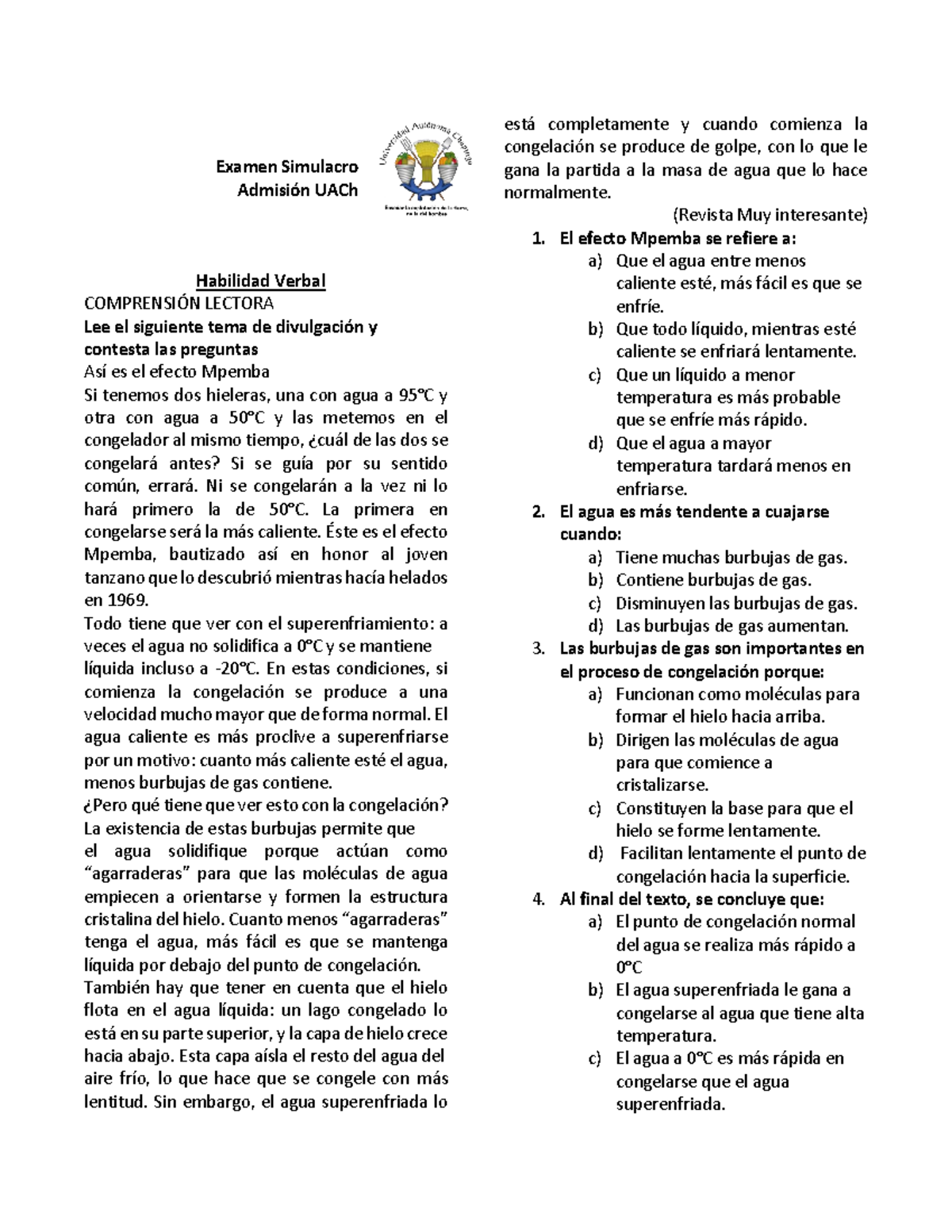 Examen Simulacro Propedeutico - Examen Simulacro AdmisiÛn UACh Habilidad Verbal COMPRENSI”N ...