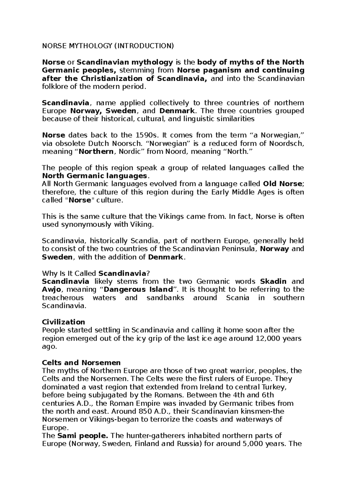 Norse-Mythology-Handouts - NORSE MYTHOLOGY (INTRODUCTION) Norse or ...