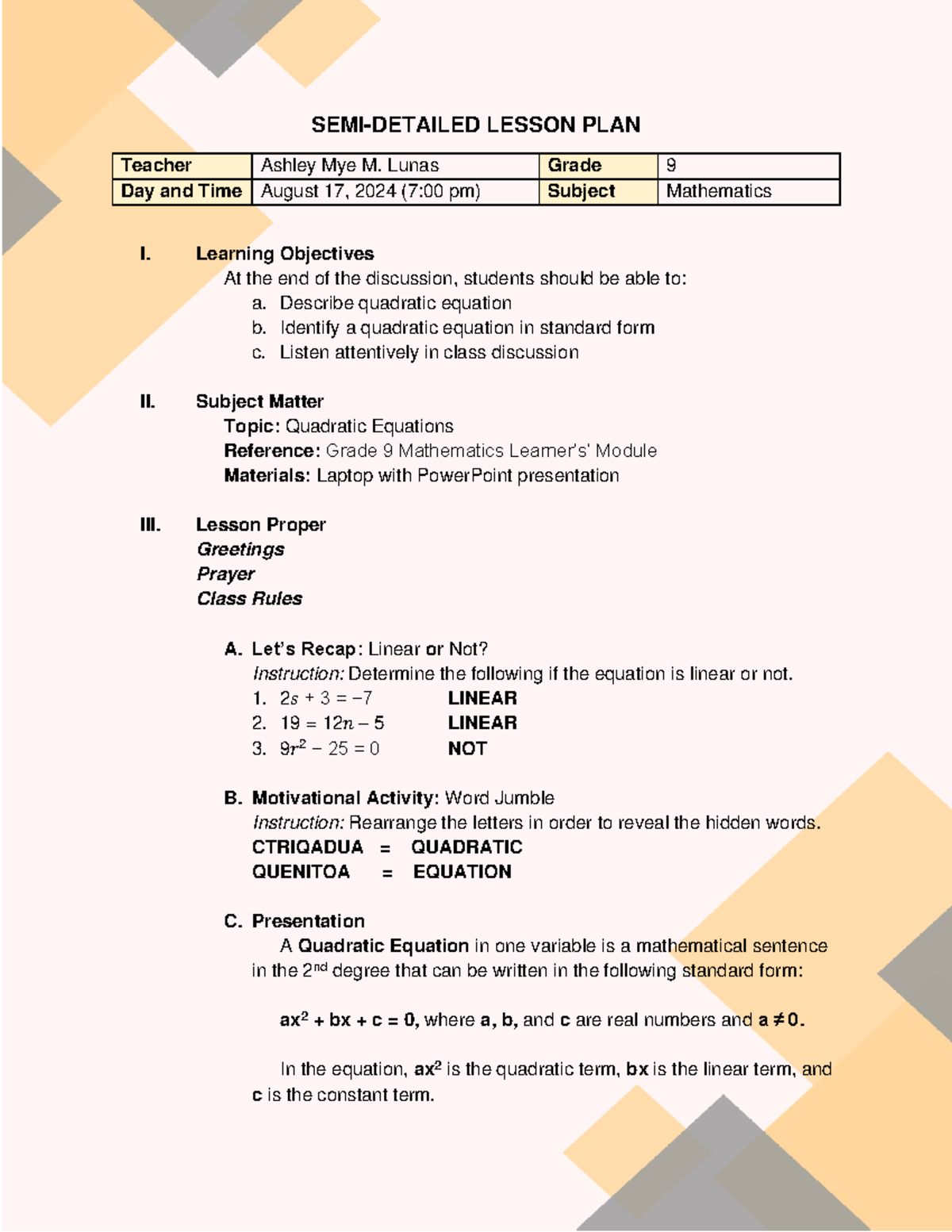 Lesson Plan Quadratic Equation - SEMI-DETAILED LESSON PLAN Teacher ...