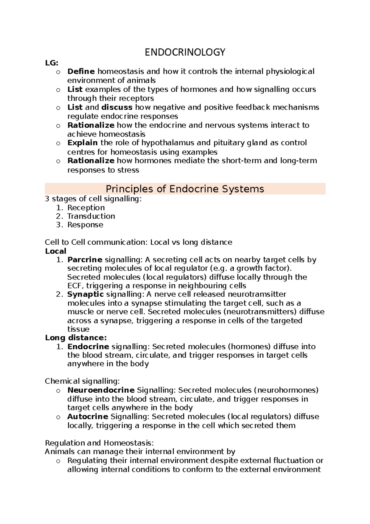LEC- Endocrinology - lec notes - ENDOCRINOLOGY LG: o Define homeostasis ...