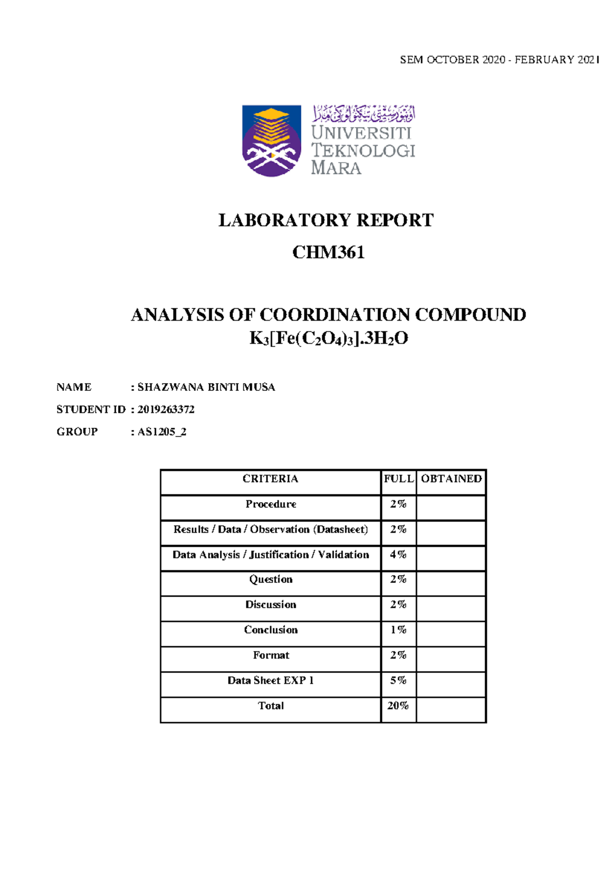 Lab Report CHM 361 - Experiment - converted - SEM OCTOBER 2020 ...