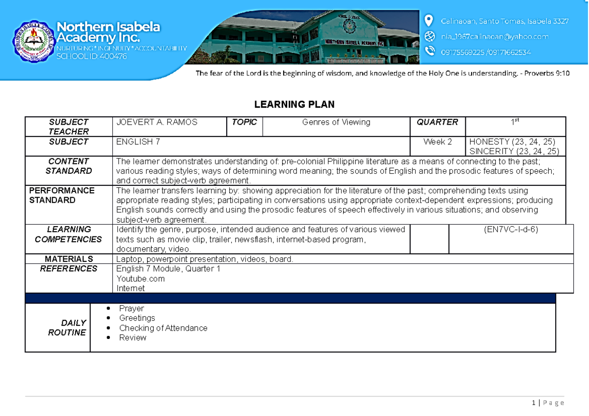 Eng- 7 - Melcs - lesson plan - LEARNING PLAN SUBJECT TEACHER JOEVERT A ...