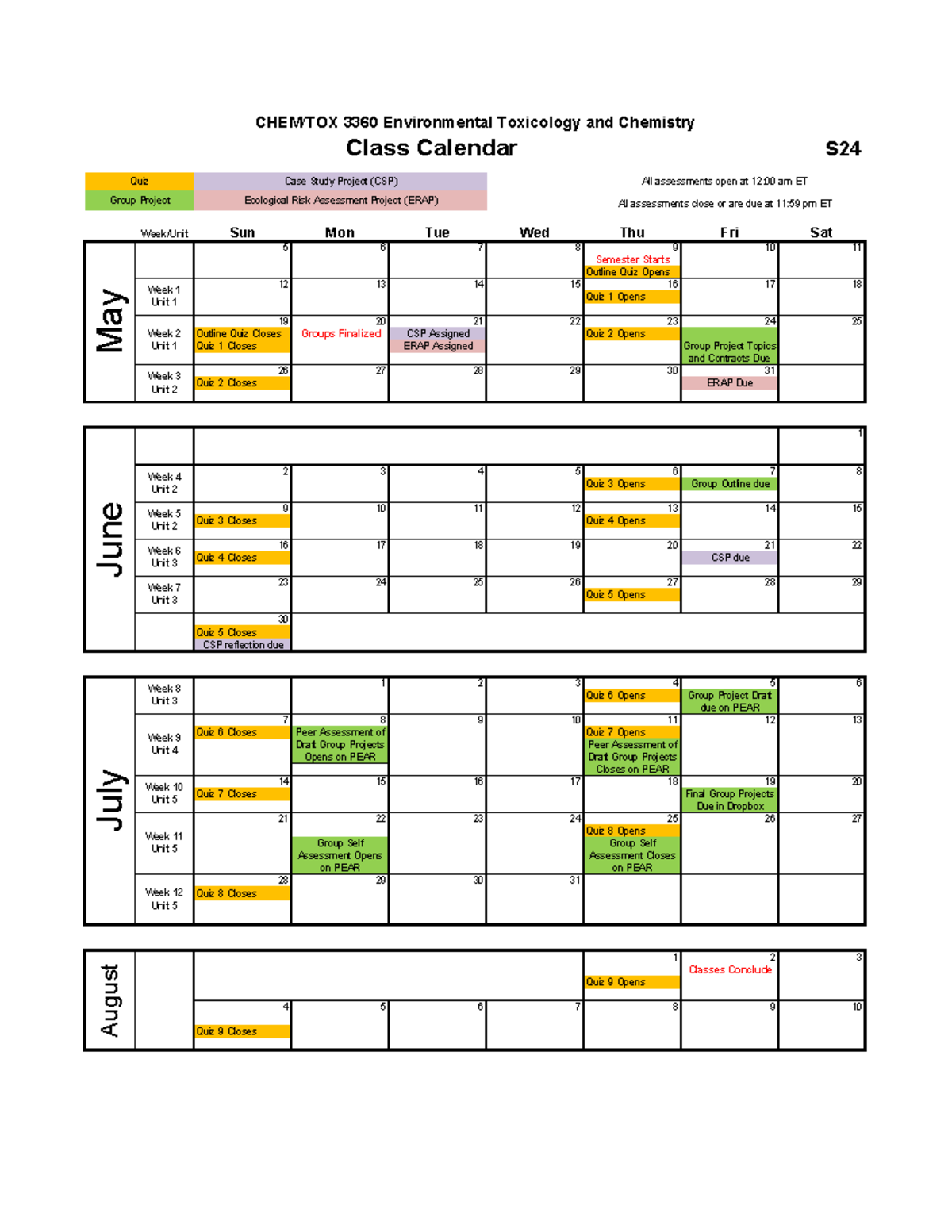 Chem-Tox 3360 Class Calendar S24 - S Week/Unit Sun Mon Tue Wed Thu Fri ...