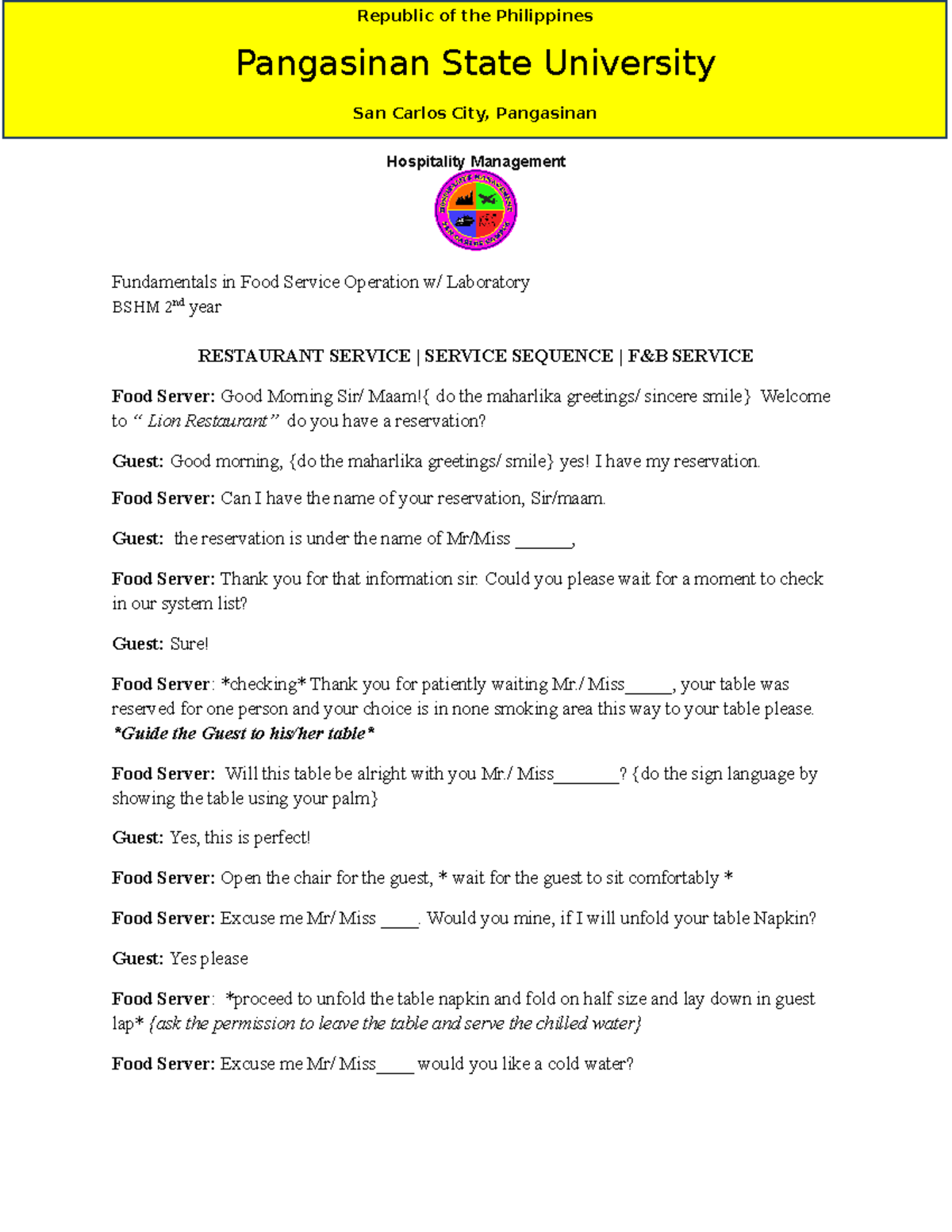 Table-Service-script - Hospitality Management Fundamentals in Food ...