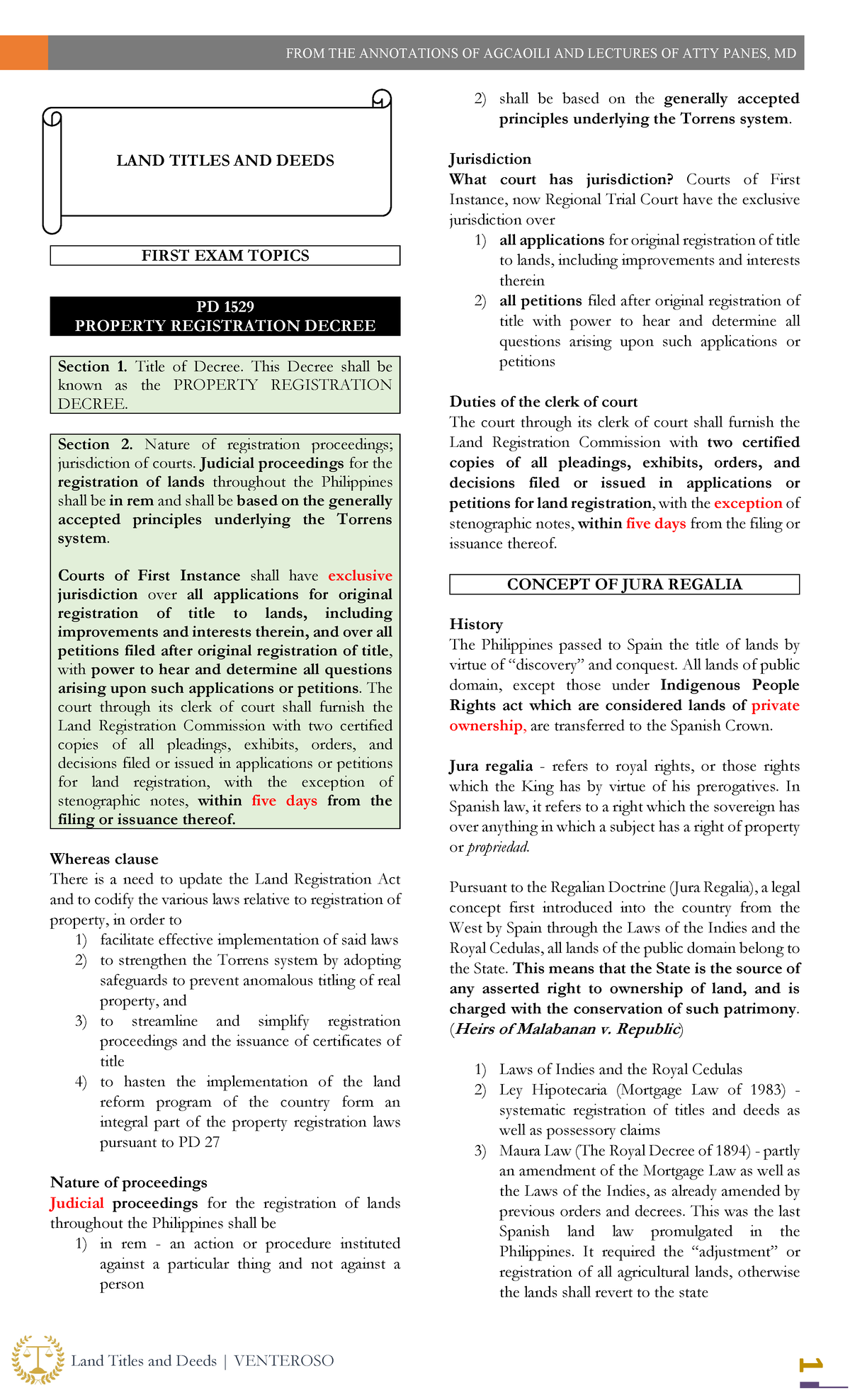 Land Titles and Deeds (Agcaoili, Panes) - 1 LAND TITLES AND DEEDS FIRST ...