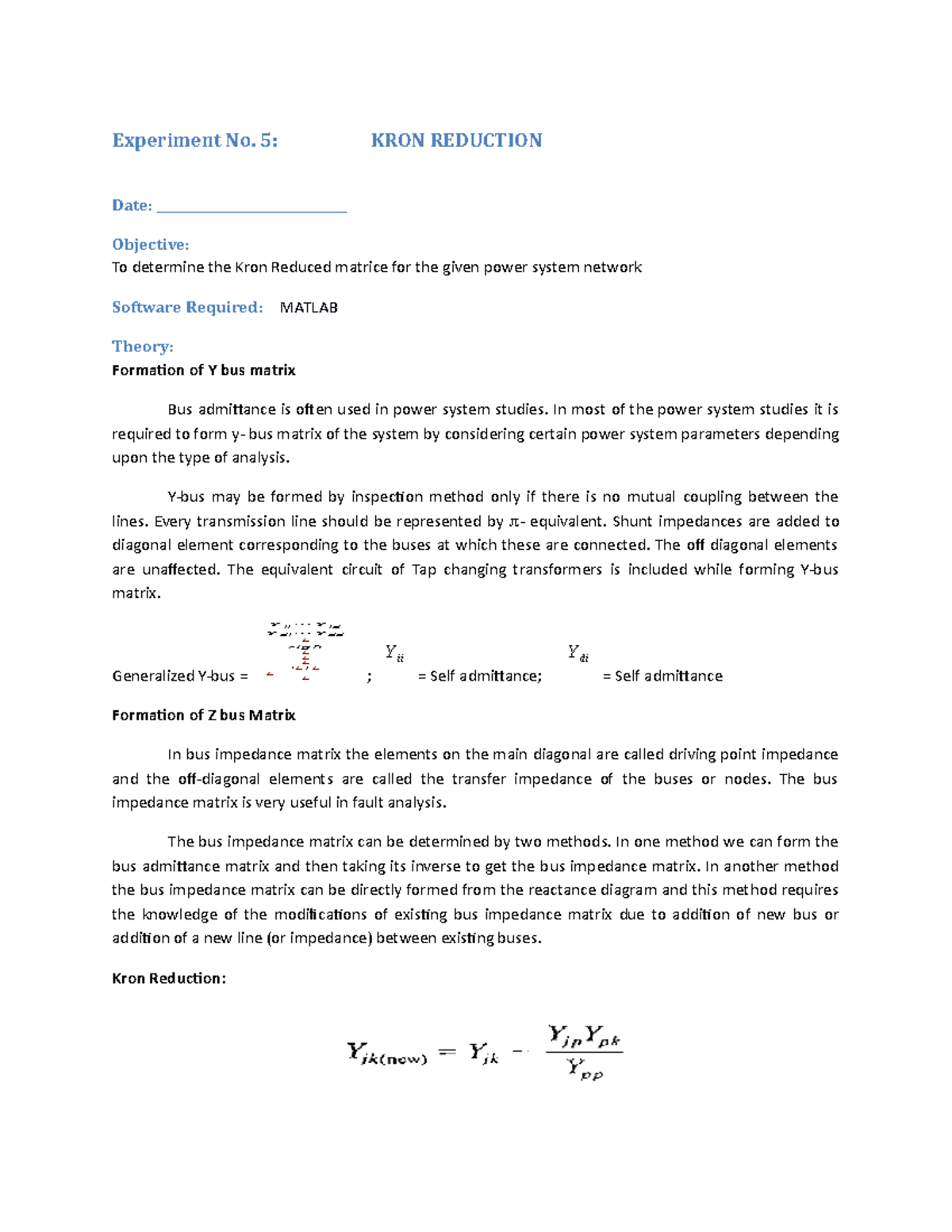 Lab 5 PSA woc - lecture notes - Experiment No. 5: KRON REDUCTION Date ...