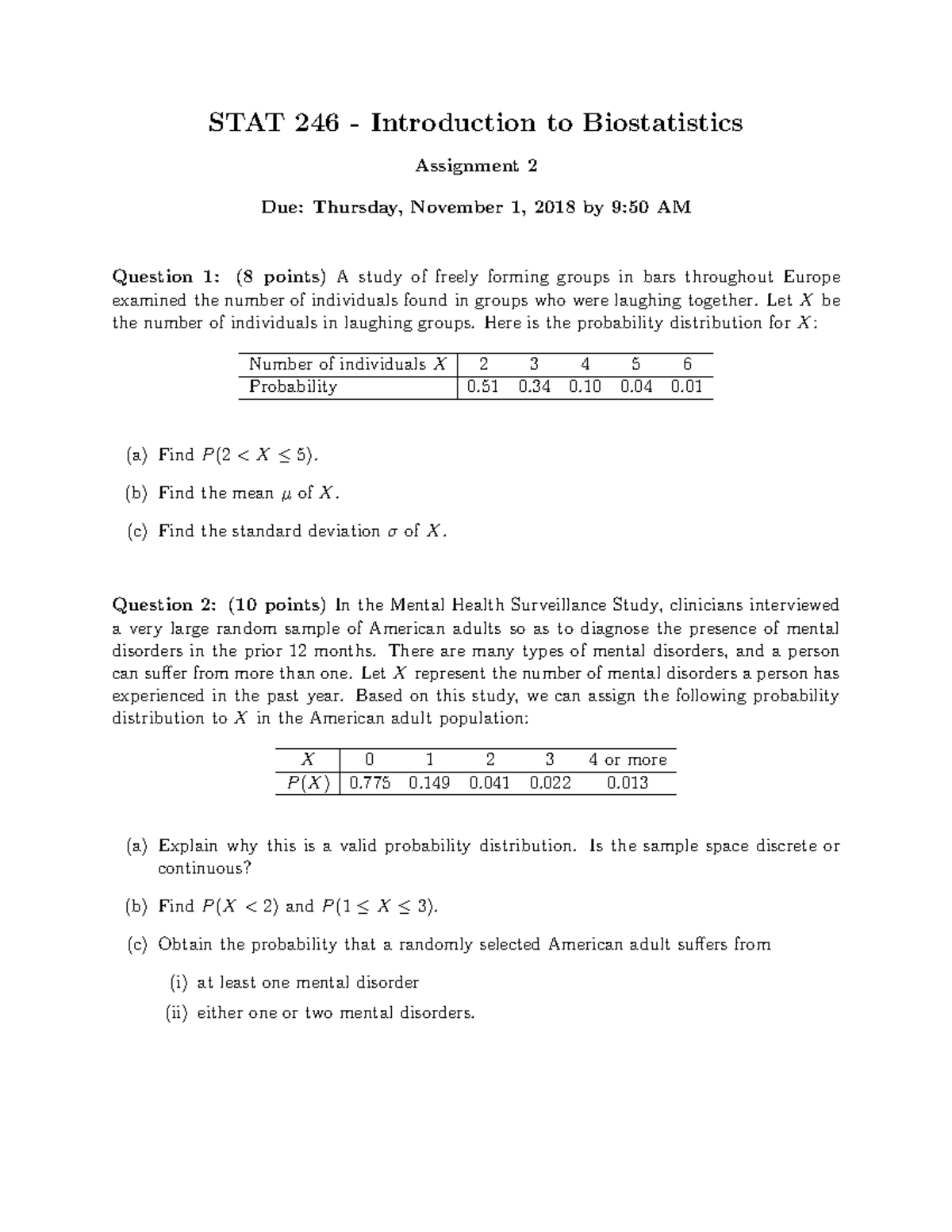 STAT246-Assignment 2 - Assignment 2 - STAT 246 - Introduction to Biostatistics Assignment 2 Due ...