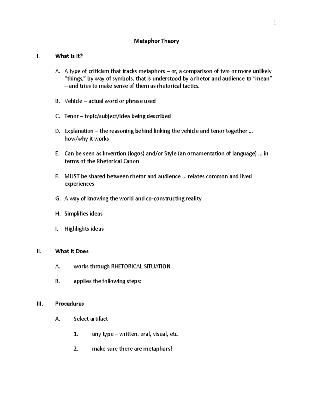 Rhetoric 6 - Metaphor - 1 Metaphor Theory I. What Is It? A. A type of ...