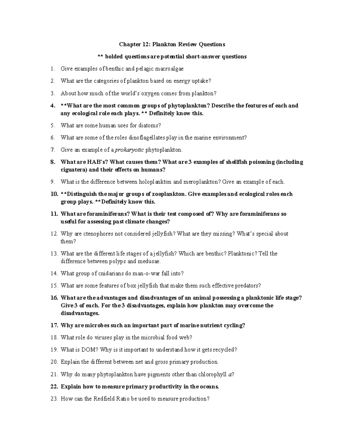 Chapter 12 Review Questions - Chapter 12: Plankton Review Questions ...