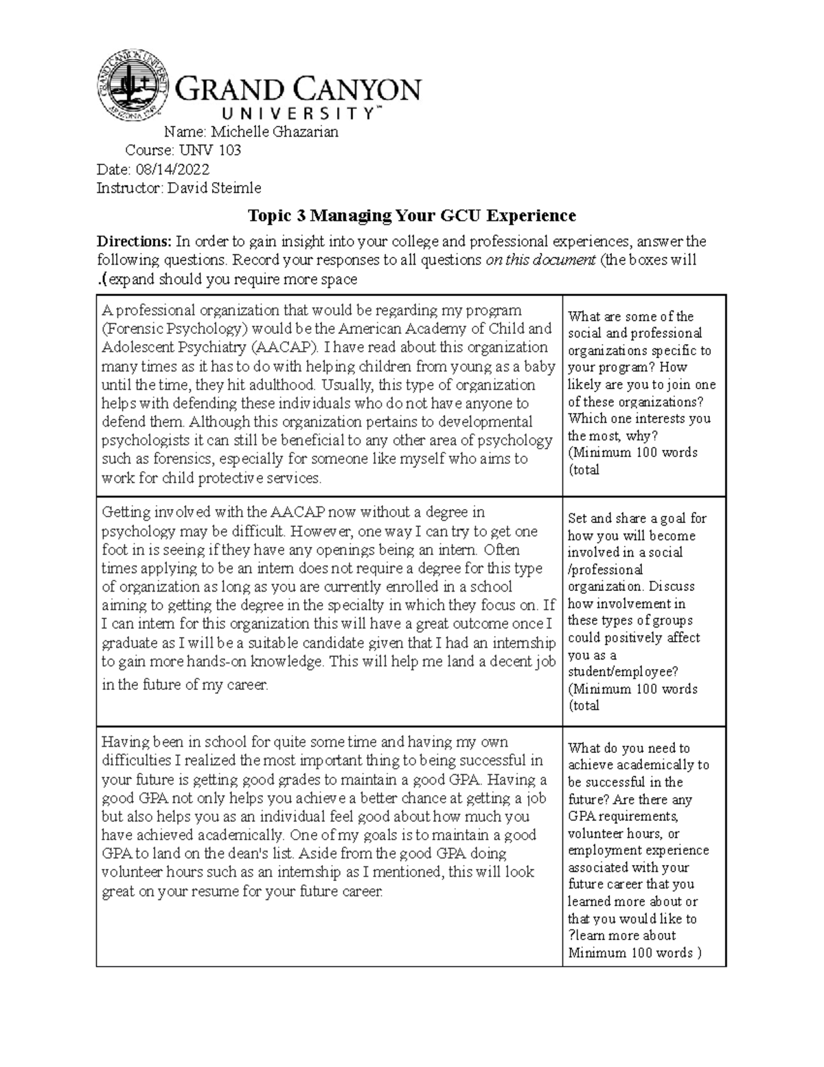 Gcuexperienceweek 3 - ASSIGNMENT - Name: Michelle Ghazarian Course: UNV 103 Date: 08/14 ...