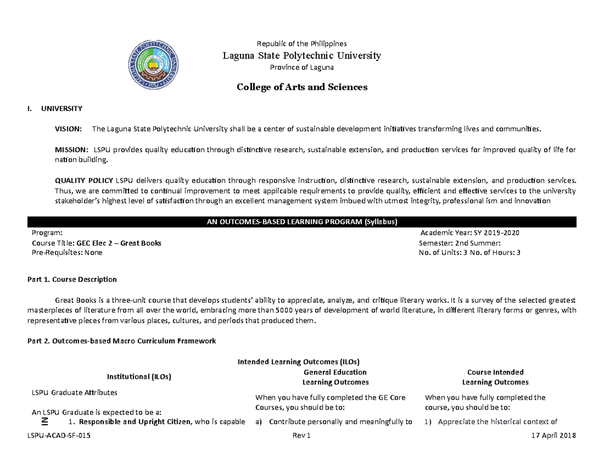 Gec elec 2 great books syllabusdocx - LSPU-ACAD-SF-015 Rev 1 17 April ...