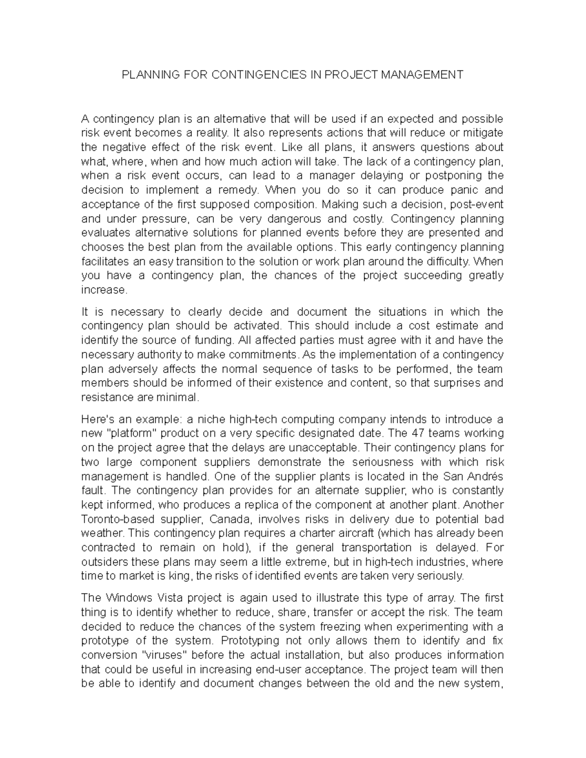 PLANNING FOR CONTINGENCIES IN PROJECT MANAGEMENT - It also represents ...