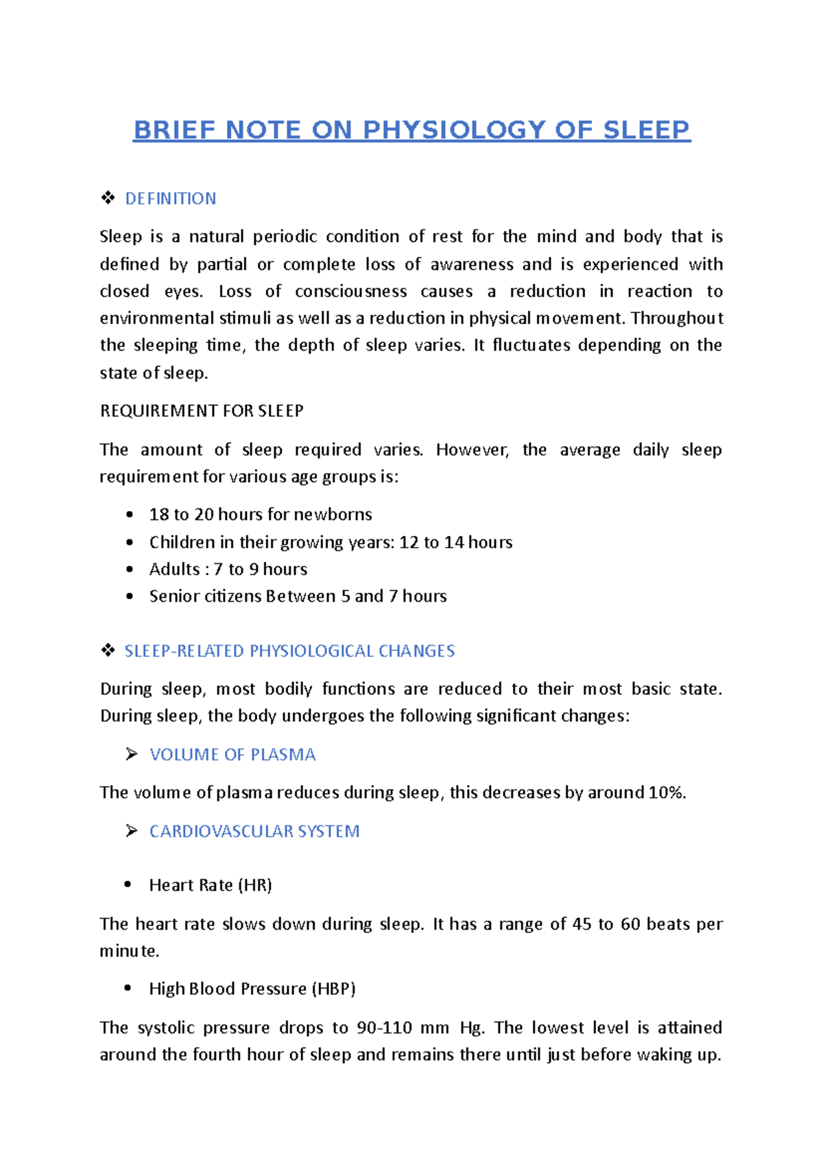 Brief note on physiology of sleep - BRIEF NOTE ON PHYSIOLOGY OF SLEEP ...