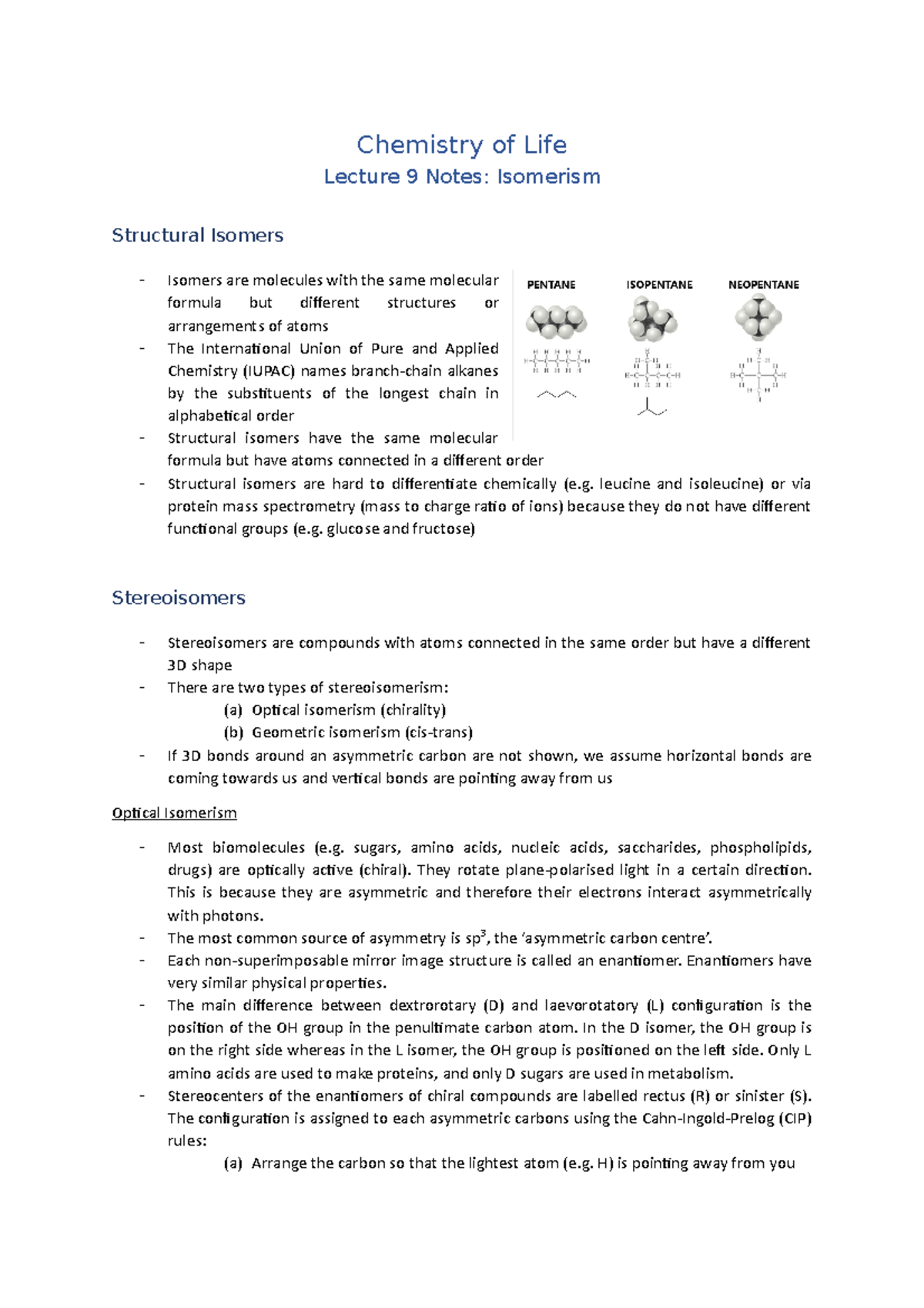 Lecture 9 Notes (Isomerism) - Chemistry of Life Lecture 9 Notes ...