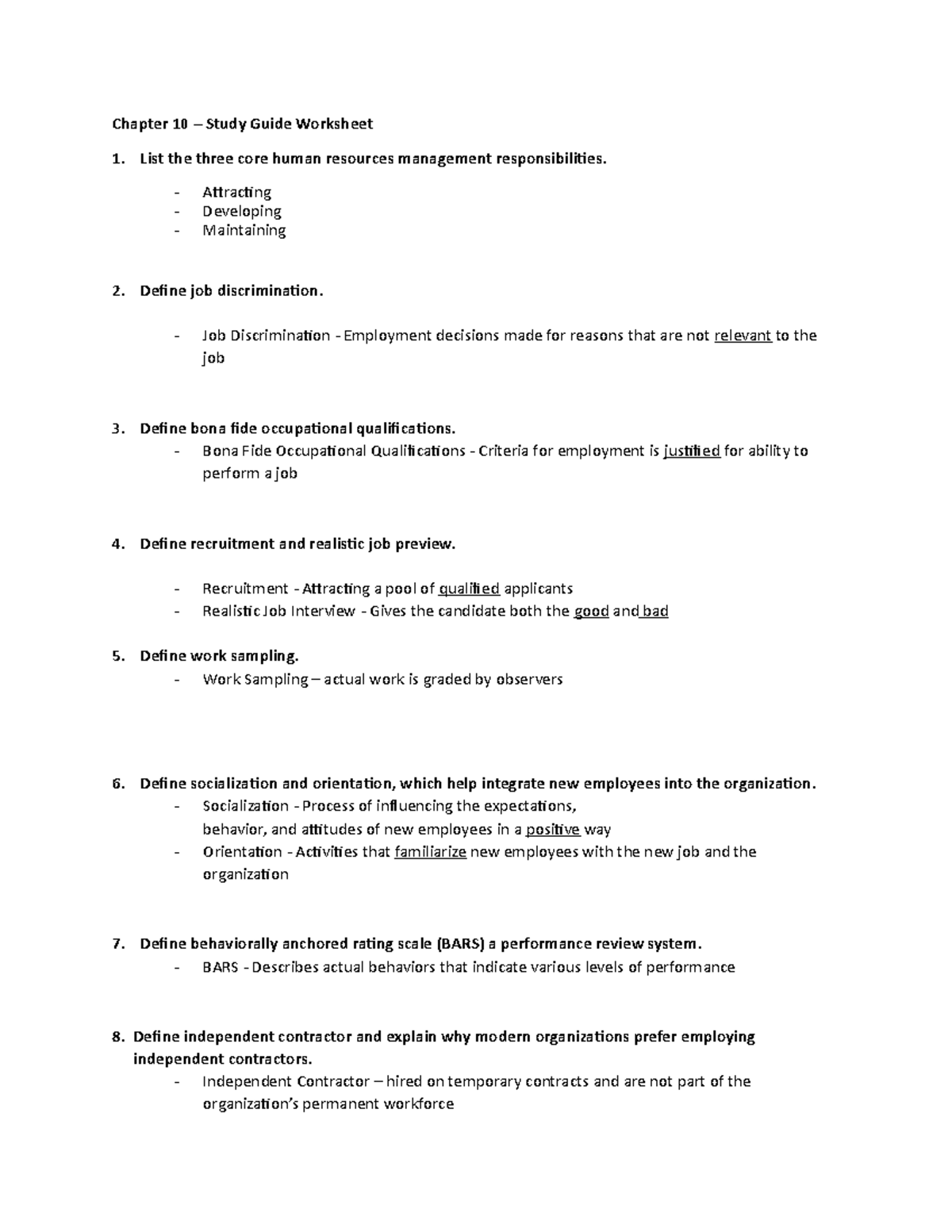 MGMT CH 10 Assignment - Chapter 10 – Study Guide Worksheet List the ...