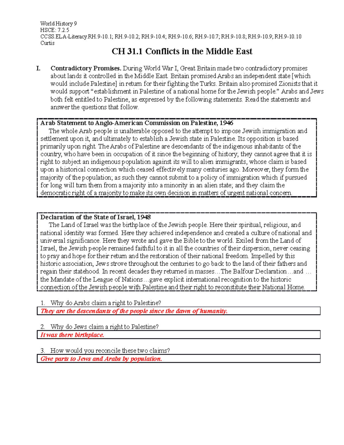 Conflicts in Middle East - wkst - World History 9 HSCE: 7. CCSS.ELA ...