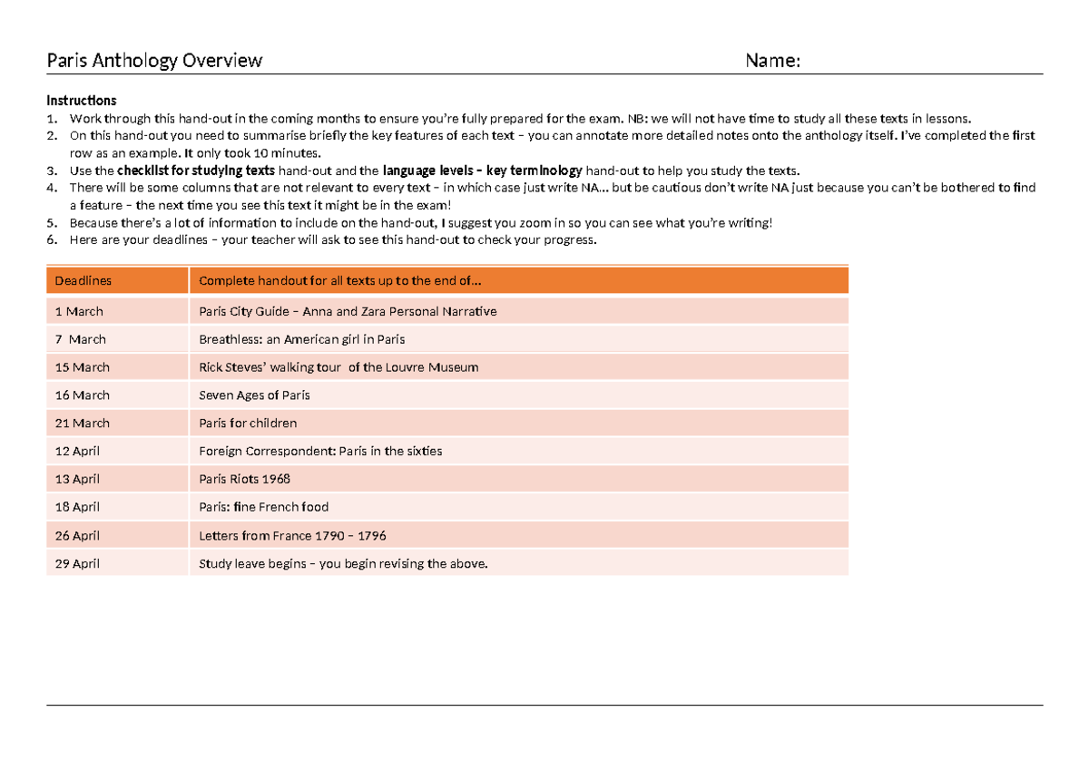 Lesson 8 - Paris Anthology Overview - Paris Anthology Overview Name ...