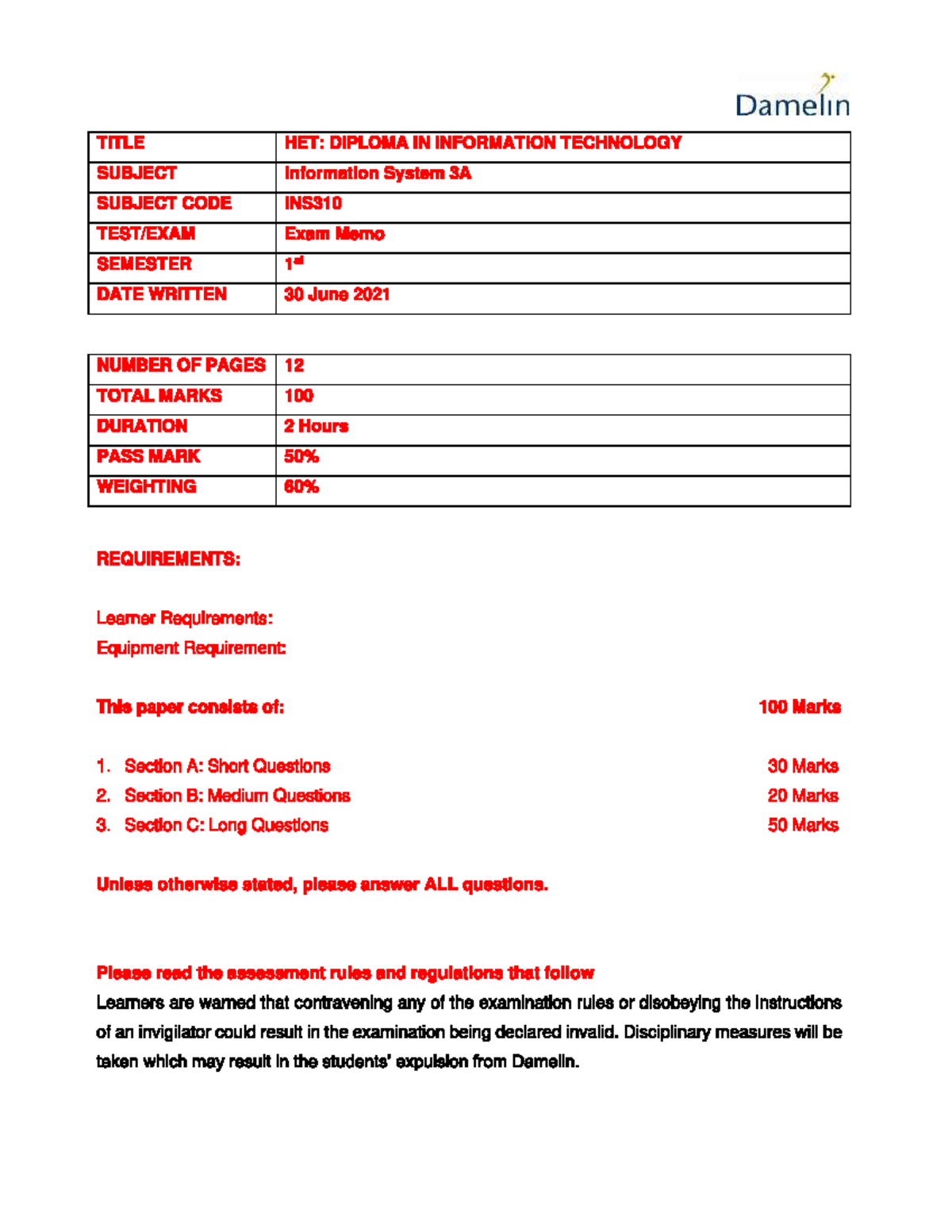 Information systems 3a exam memo - Damelin TITLE HET: DIPLOMA IN ...