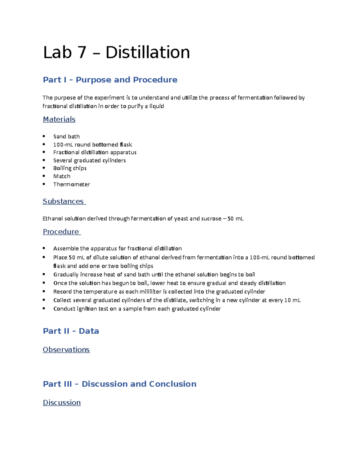 Organic Chemistry I - Distillation Lab - Lab 7 – Distillation Part I ...