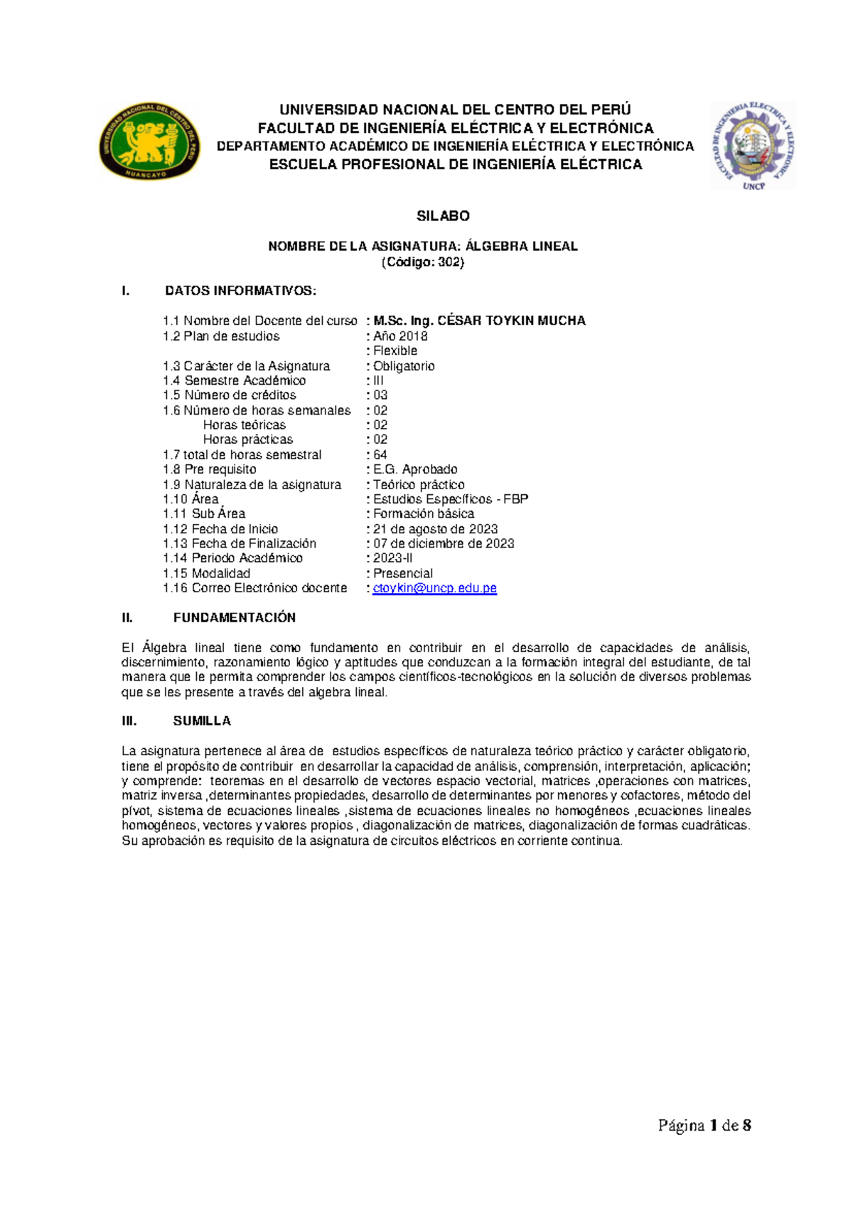 302- Álgebra Lineal - Silabo - UNIVERSIDAD NACIONAL DEL CENTRO DEL PERÚ ...