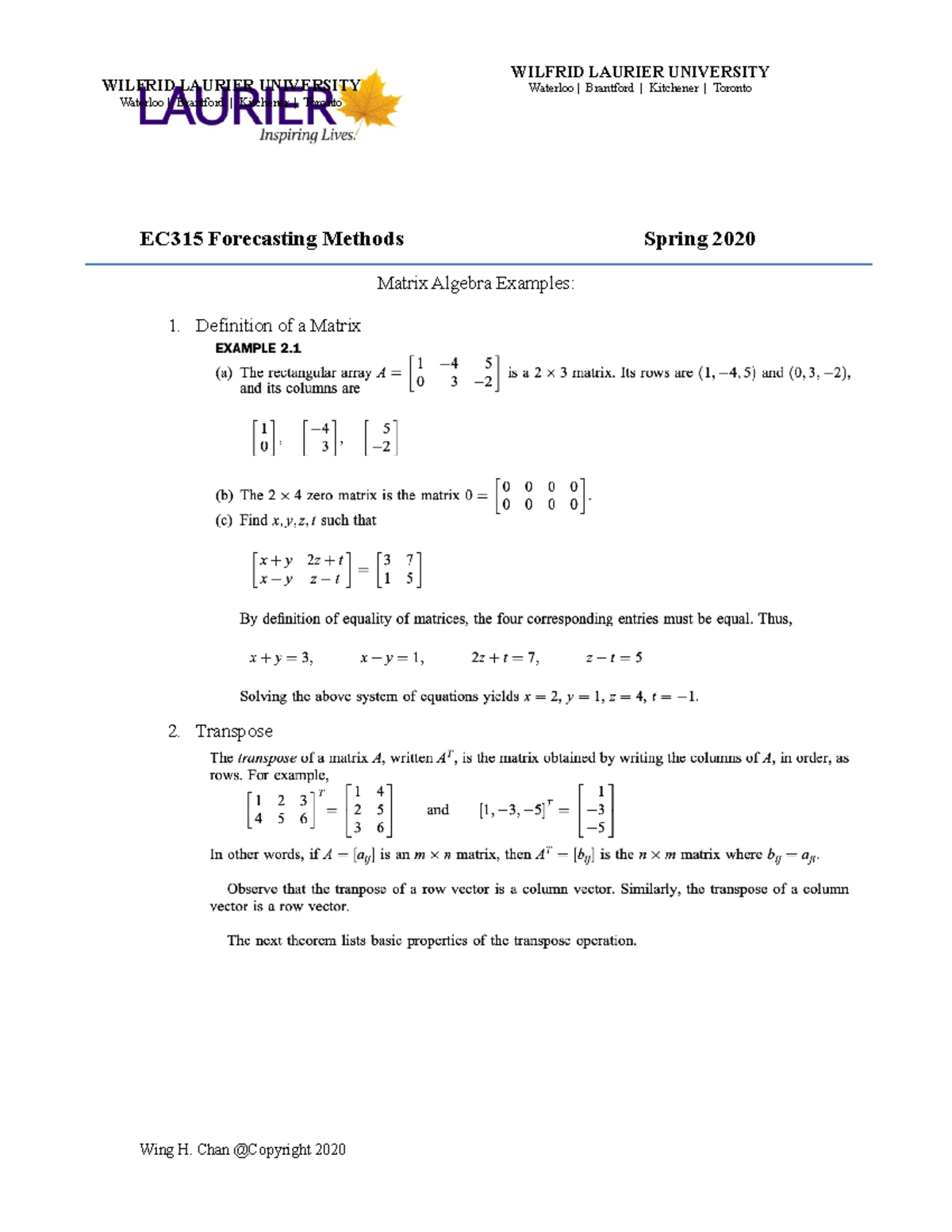 EC315 - Forecasting Methods - Matrix Algebra Examples - EC315 ...