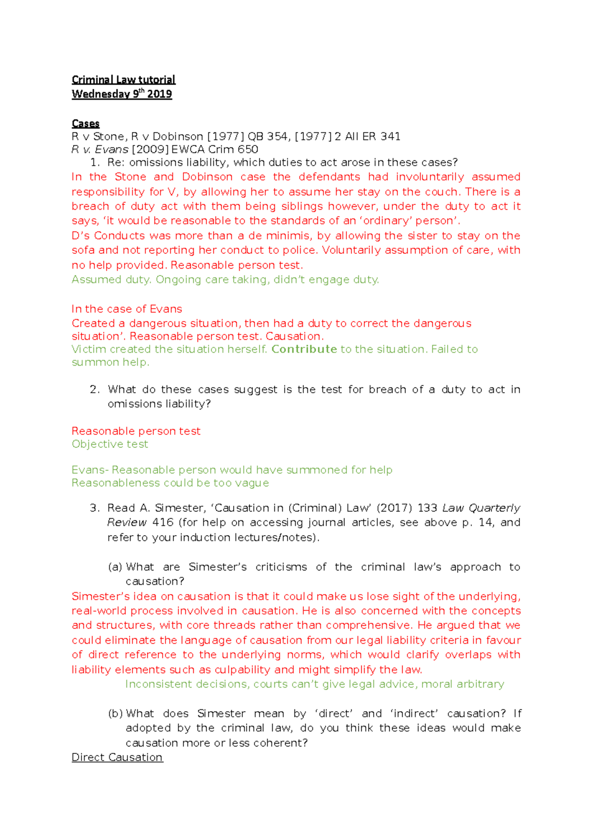 Criminal Law tutorial 1 - Criminal Law tutorial Wednesday 9th 2019 ...