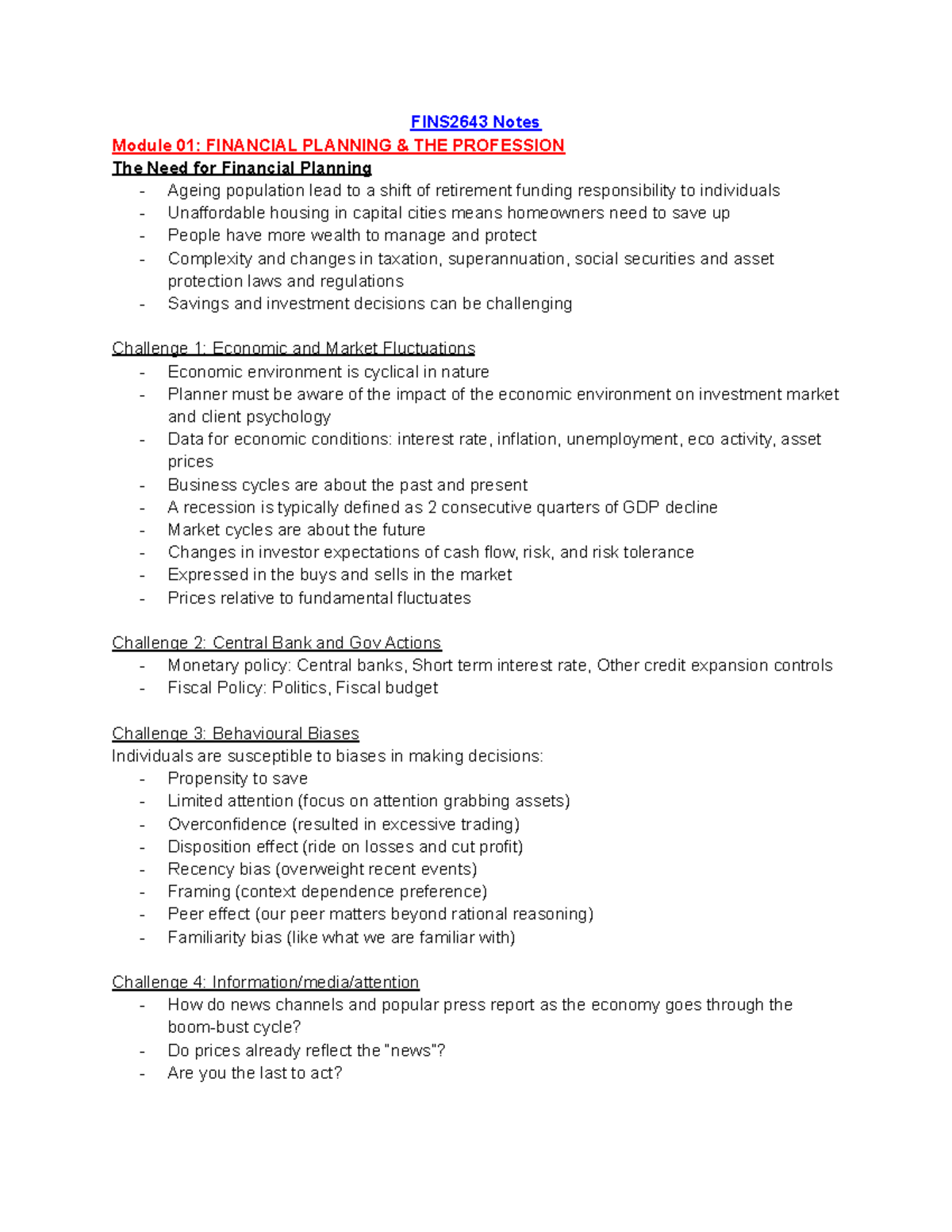 Notes - FINS2643 Notes Module 01: FINANCIAL PLANNING & THE PROFESSION ...