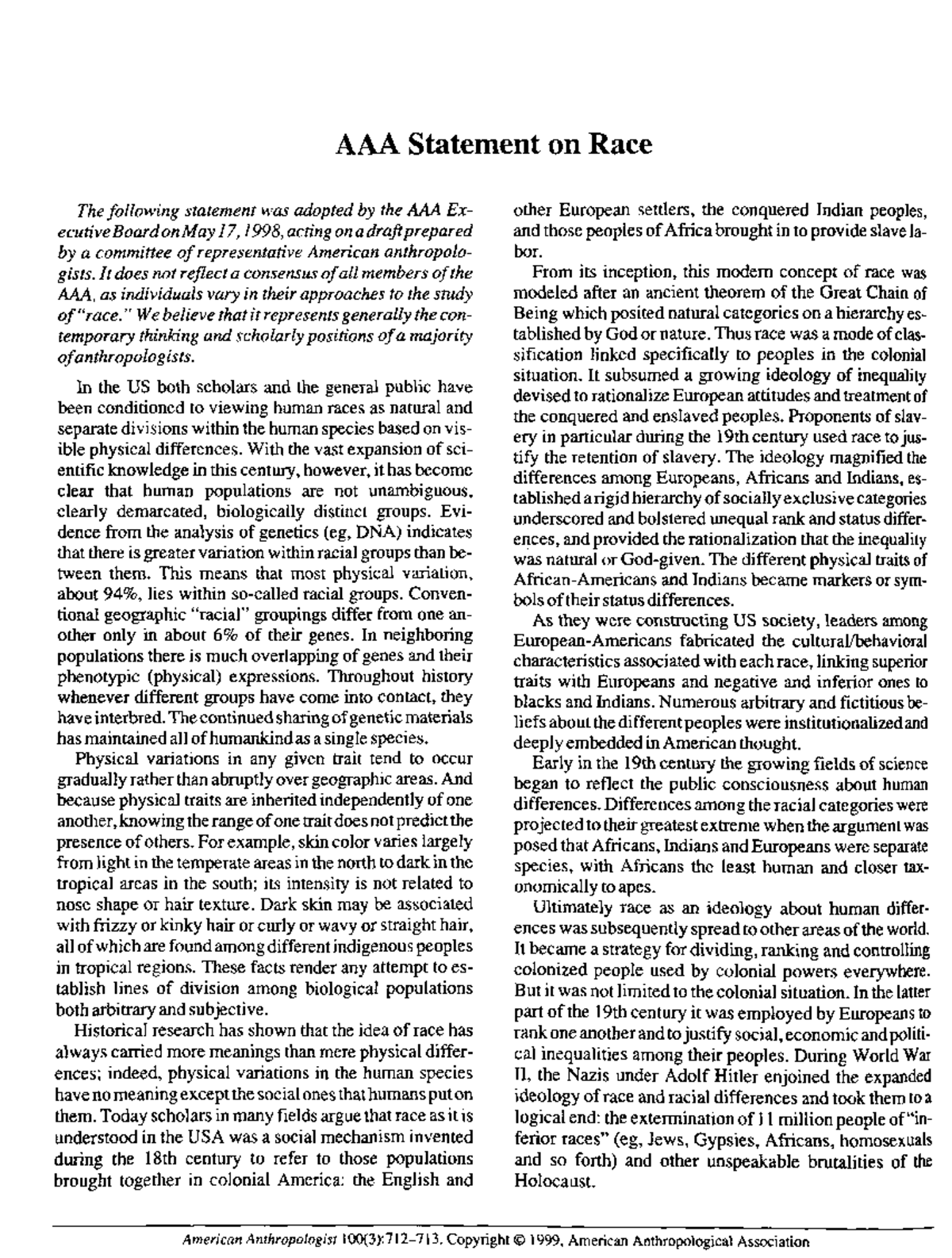 AAA Statement on Race - It does not reflect a consensus of all members ...