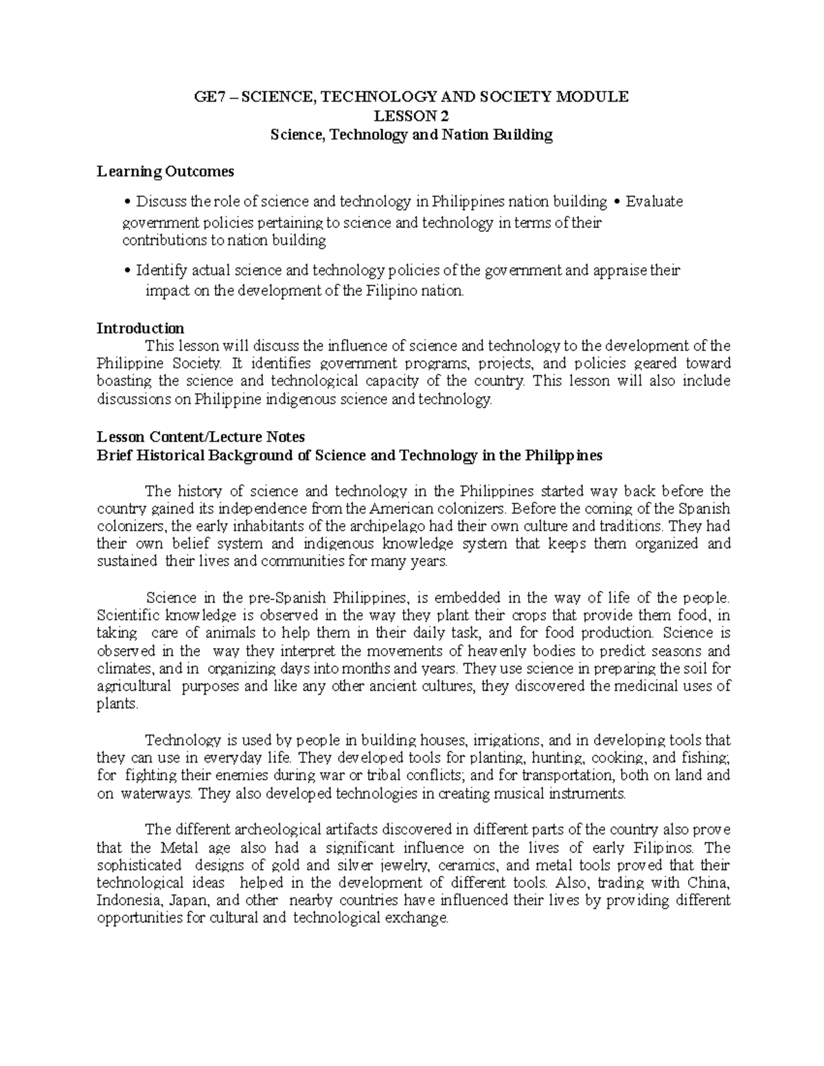 Science, Technology and Nation Building - GE7 – SCIENCE, TECHNOLOGY AND ...