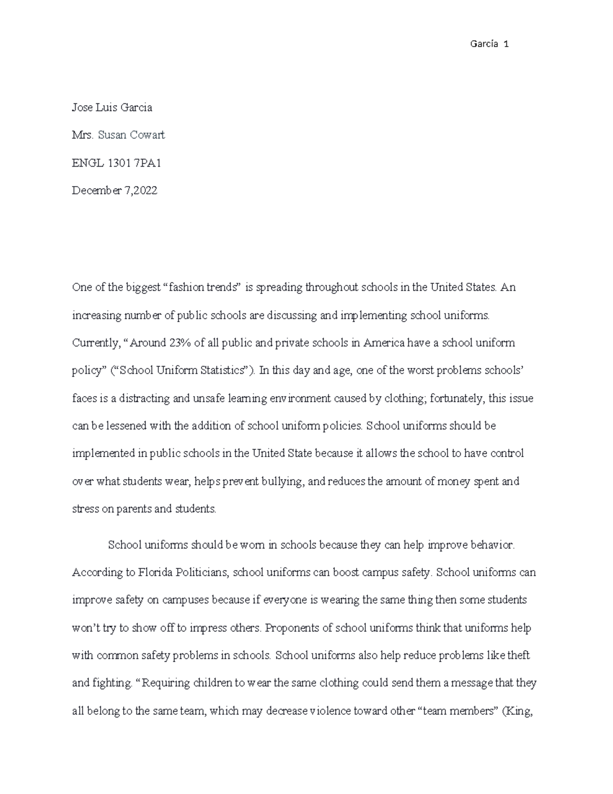 Persuasive Essay Jose Luis Garcia - Jose Luis Garcia Mrs. Susan Cowart ...