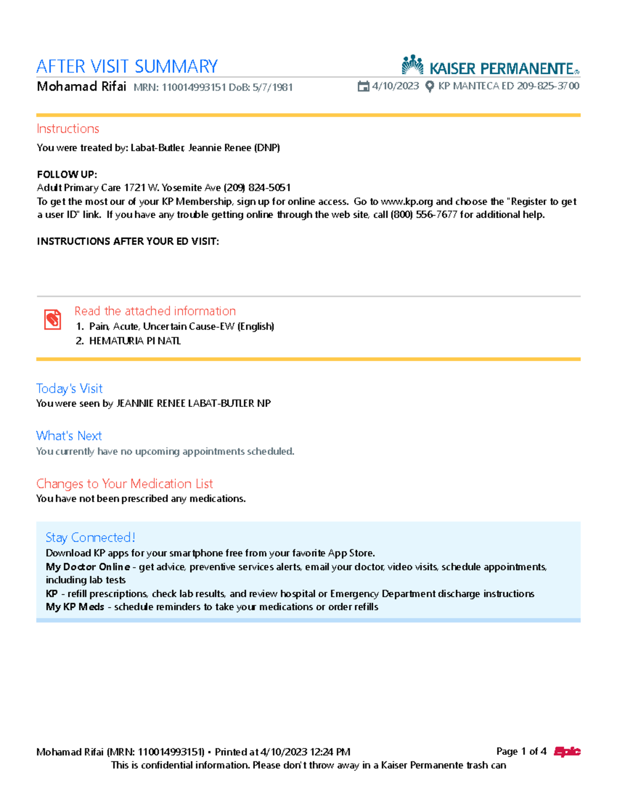 4-10-2023 - Med Surg - Mohamad Rifai MRN: 110014993151 DoB: 5/7/1981 4/10/2023 KP MANTECA ED ...