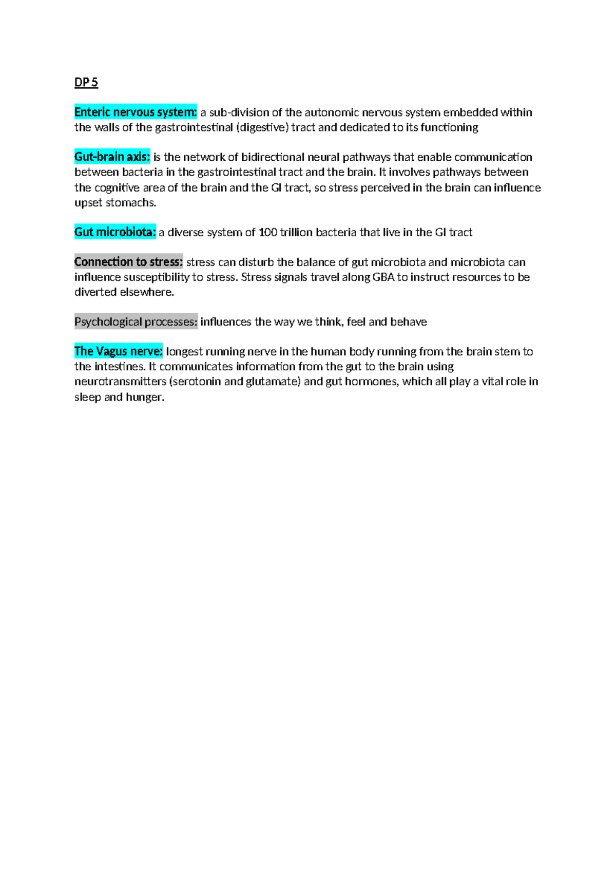 psychology unit 3 aos1 dot point 5 notes - DP 5 Enteric nervous system ...