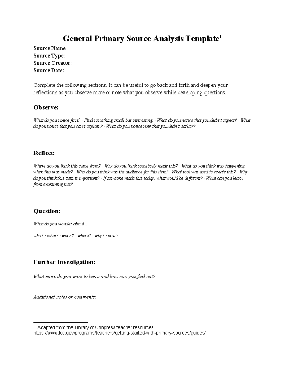 Primary Source Analysis Worksheet - General Primary Source Analysis ...