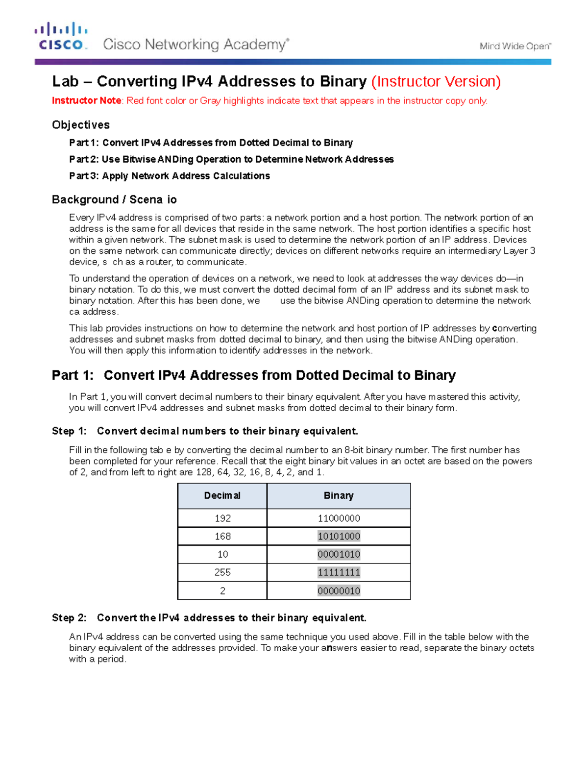 Converting addresses to Binary - Lab – Converting IPv4 Addresses to ...