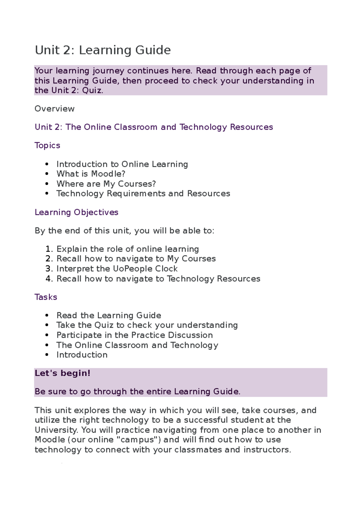 Unit 2 learnig guide - Unit 2: The Online Classroom and Technology ...
