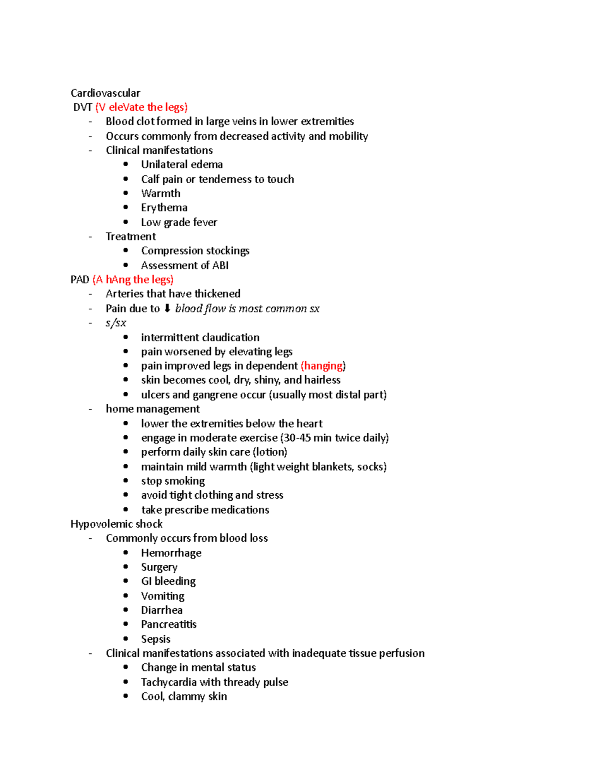 Medsurg nursing Key concepts - Cardiovascular DVT (V eleVate the legs ...