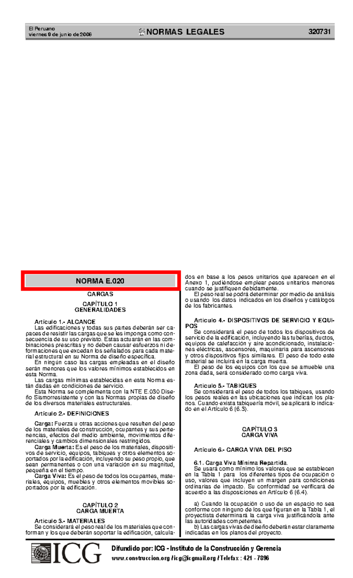 E.020 Cargas - Norma - El Peruano viernes 9 de junio de 2006 NORMAS LEGALES 320731 NORMA E ...