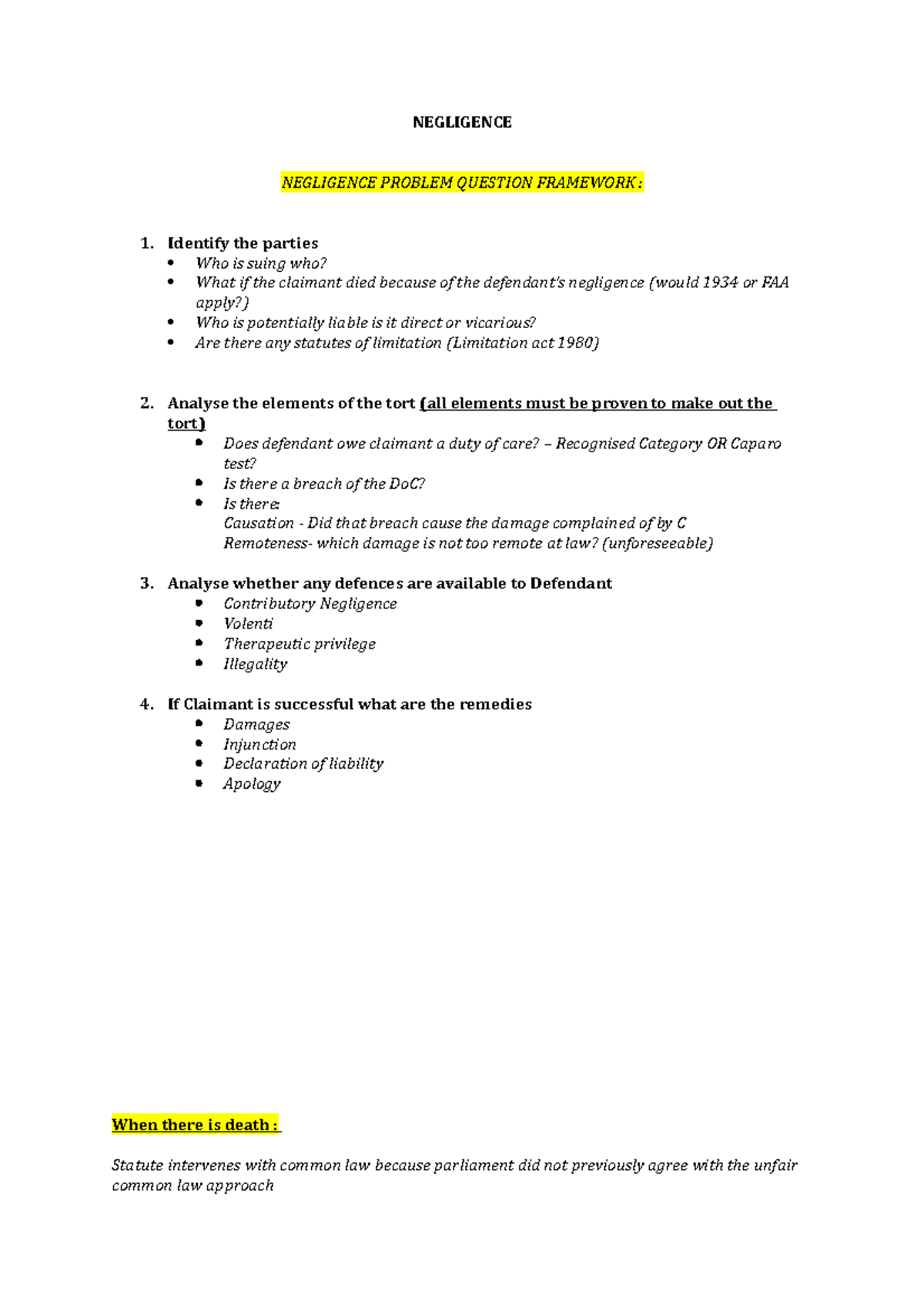 Negligence Problem Question Framework - Studocu