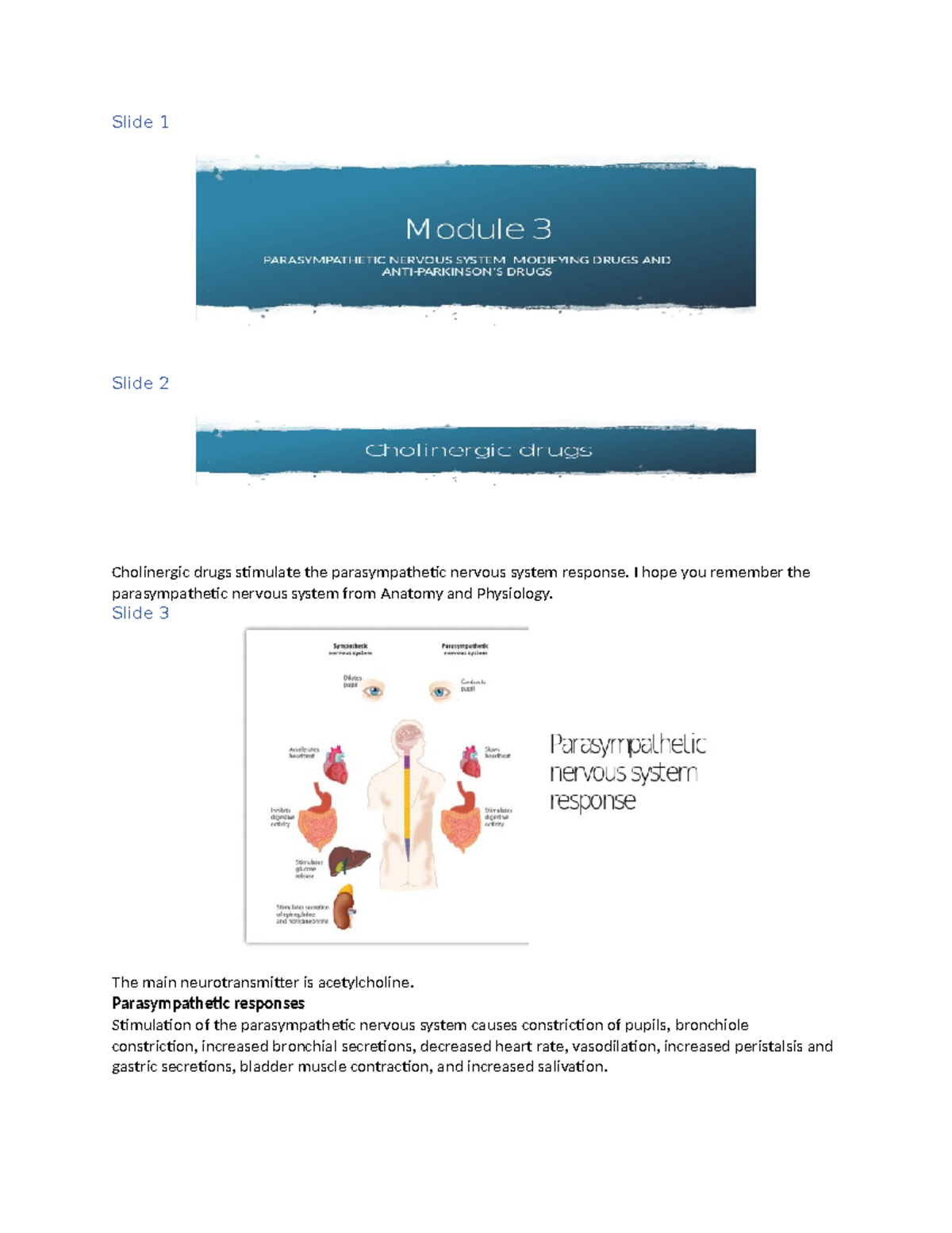 Module 10 Notes - Slide 2 Cholinergic drugs stimulate the ...
